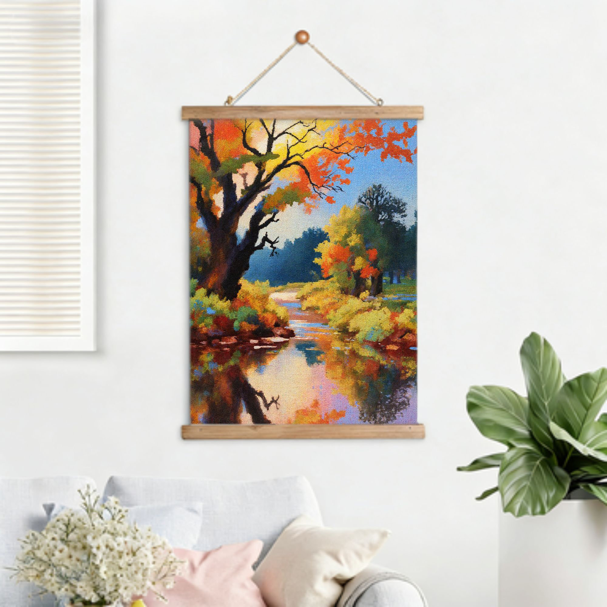 East Urban Home Autumn Forest River Scenery, Hanging Scroll Wall Art ...