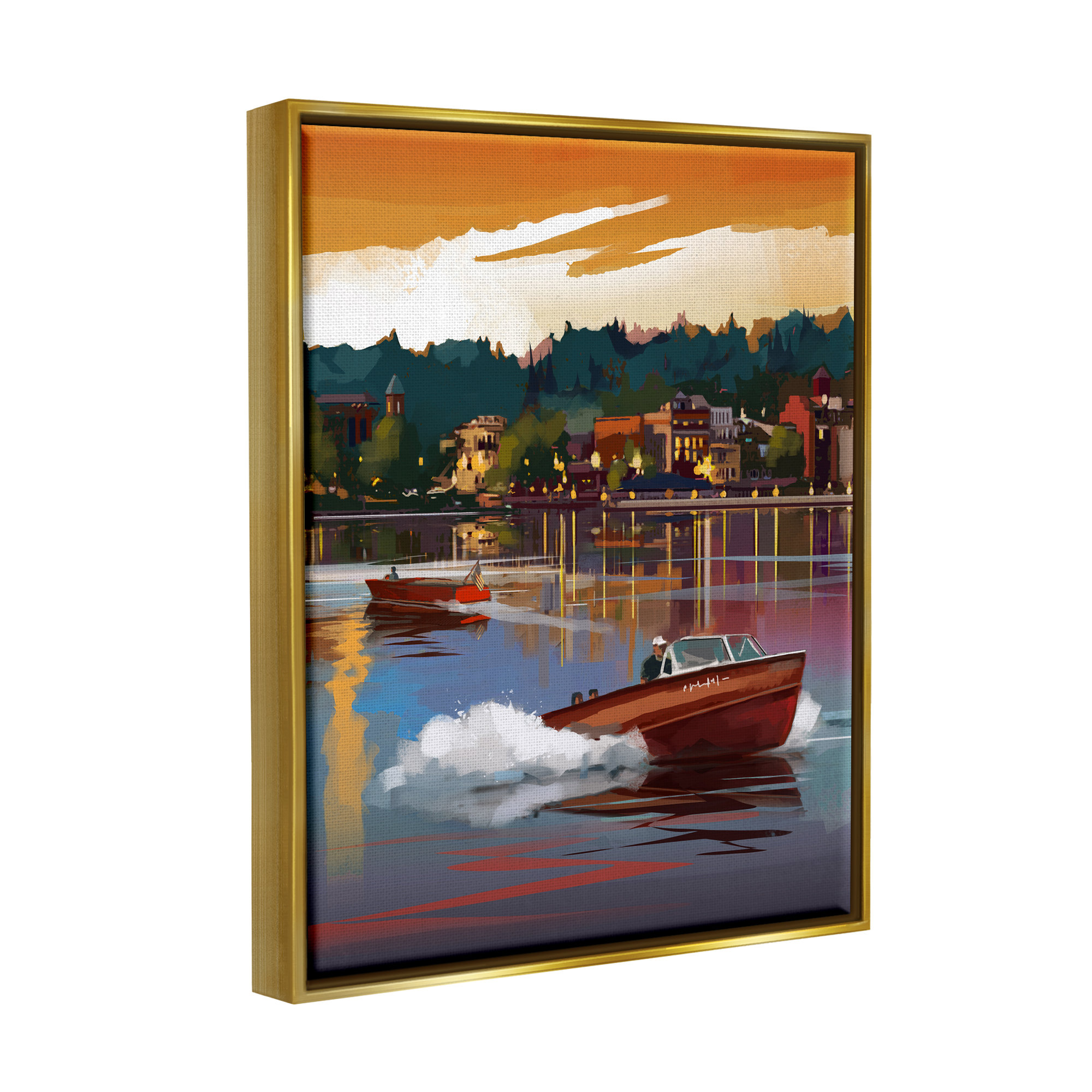 Breakwater Bay Boats At Sunset Pier Framed Floater Canvas Wall Art ...