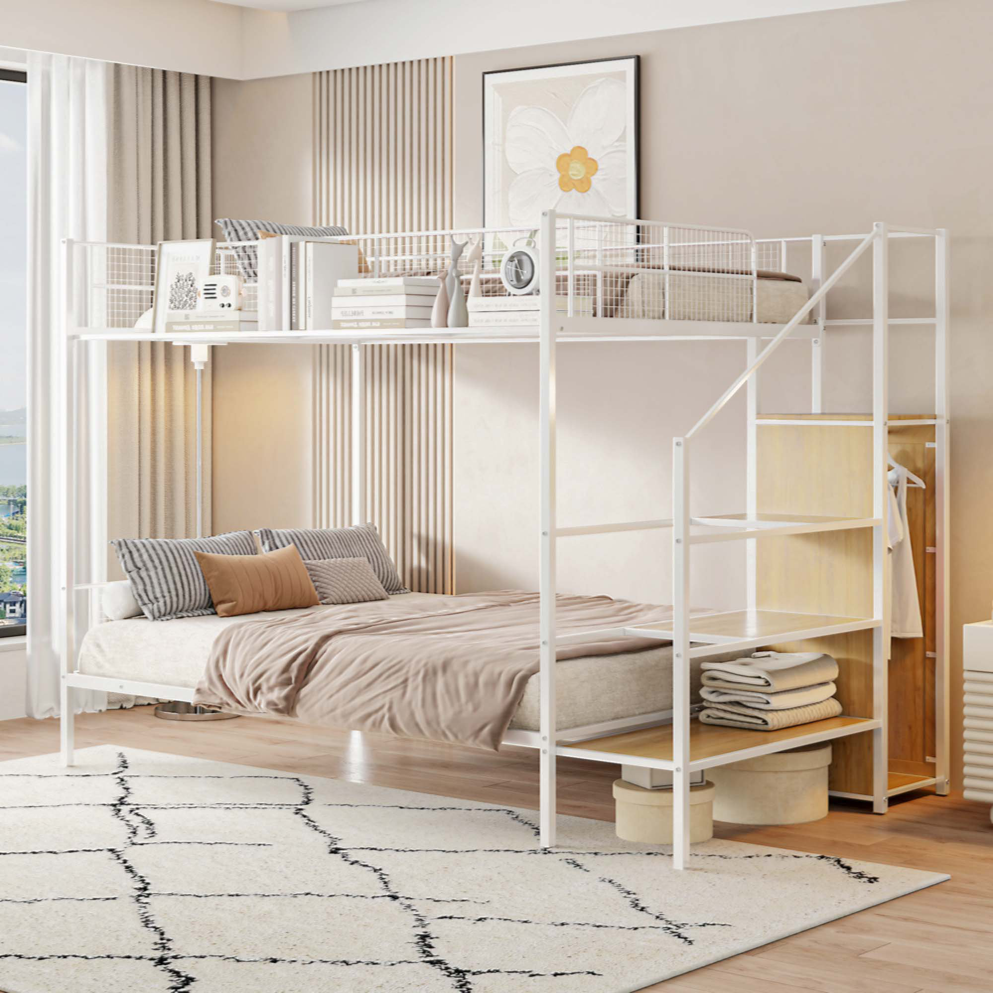 Mason & Marbles Twin Over Full Metal Bunk Bed With Wire Shelving And ...
