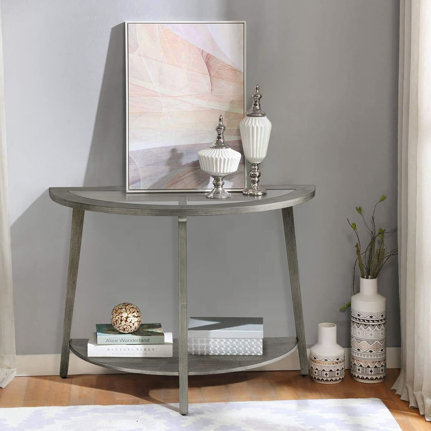 Latitude Run® 2-Tier Glass Console Table, Semi-Circular MDF Entryway ...
