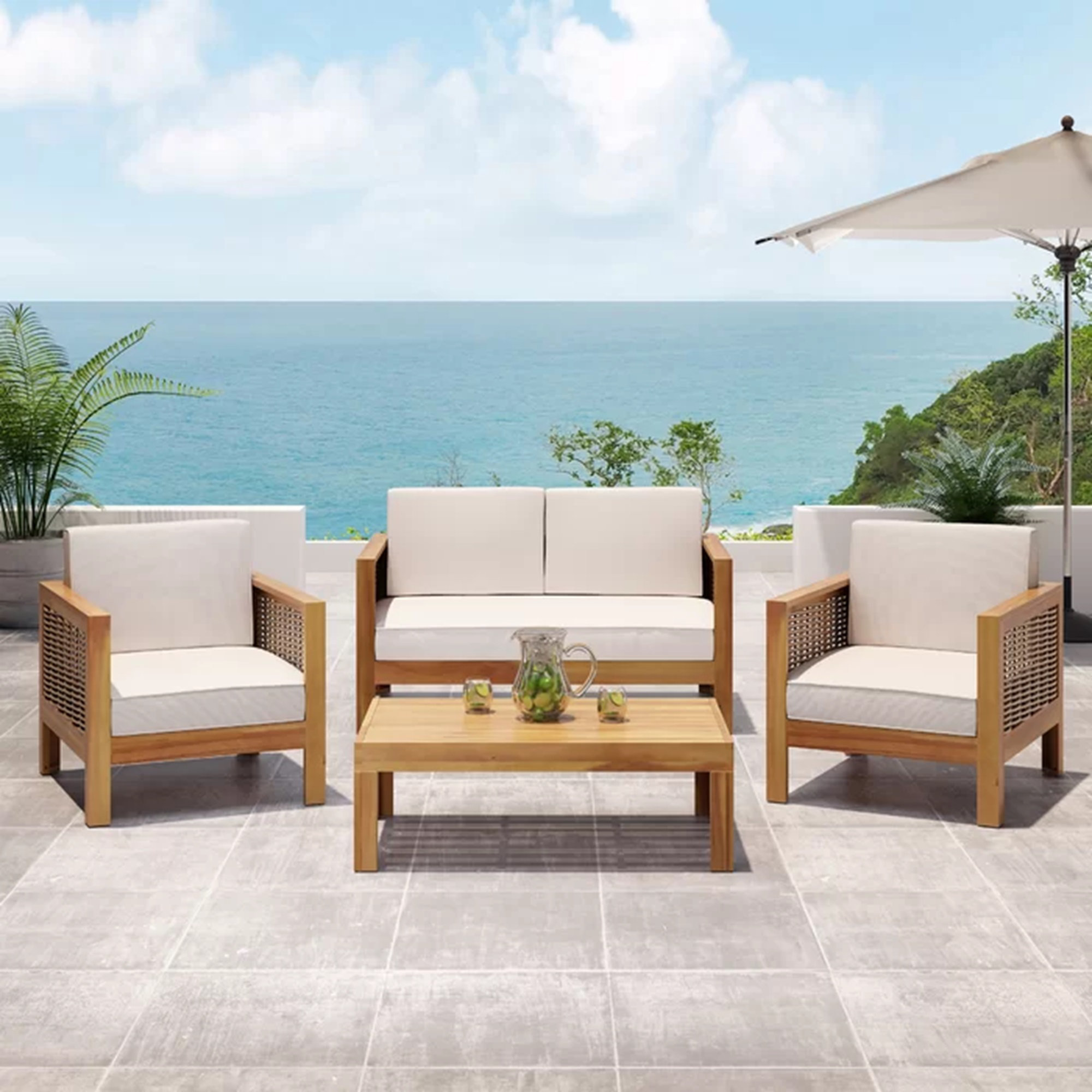 Rosecliff Heights 4-Seater Acacia Wood Outdoor Chat Set with Wicker ...