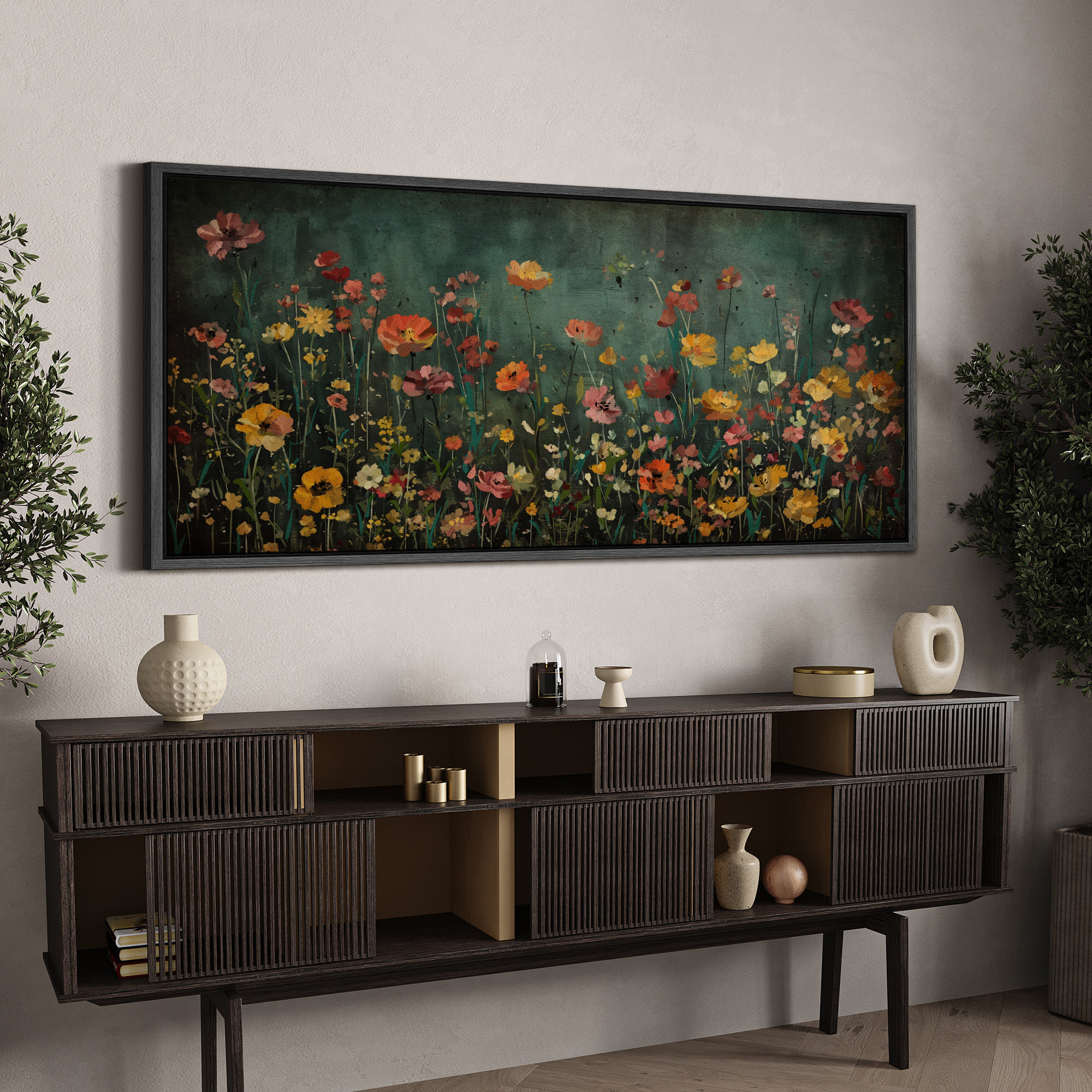 IDEA4WALL Moody Green Wildflower Florals Modern Decor Extra Large ...