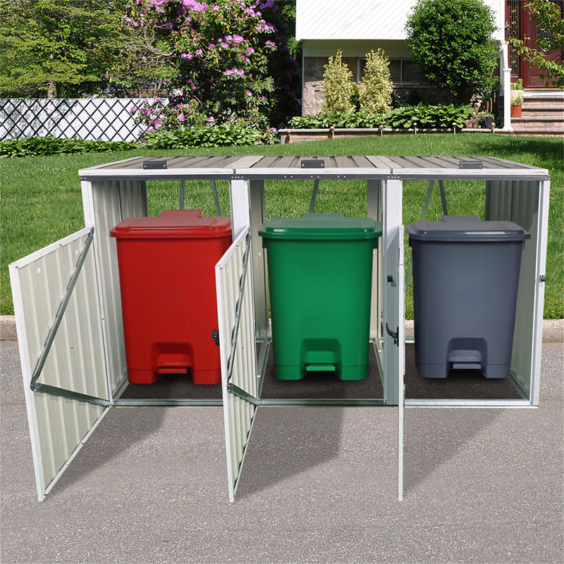 shinyswan Outdoor Metal Garbage Bin Shed – Stores 3 Trash Cans, Grey ...
