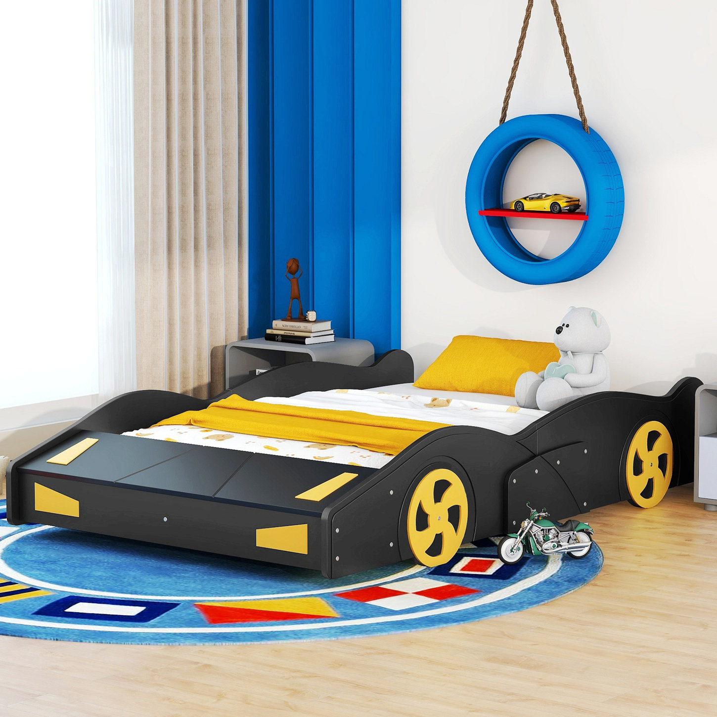 Mason & Marbles Full Size Race Car-Shaped Platform Bed With Wheels And ...