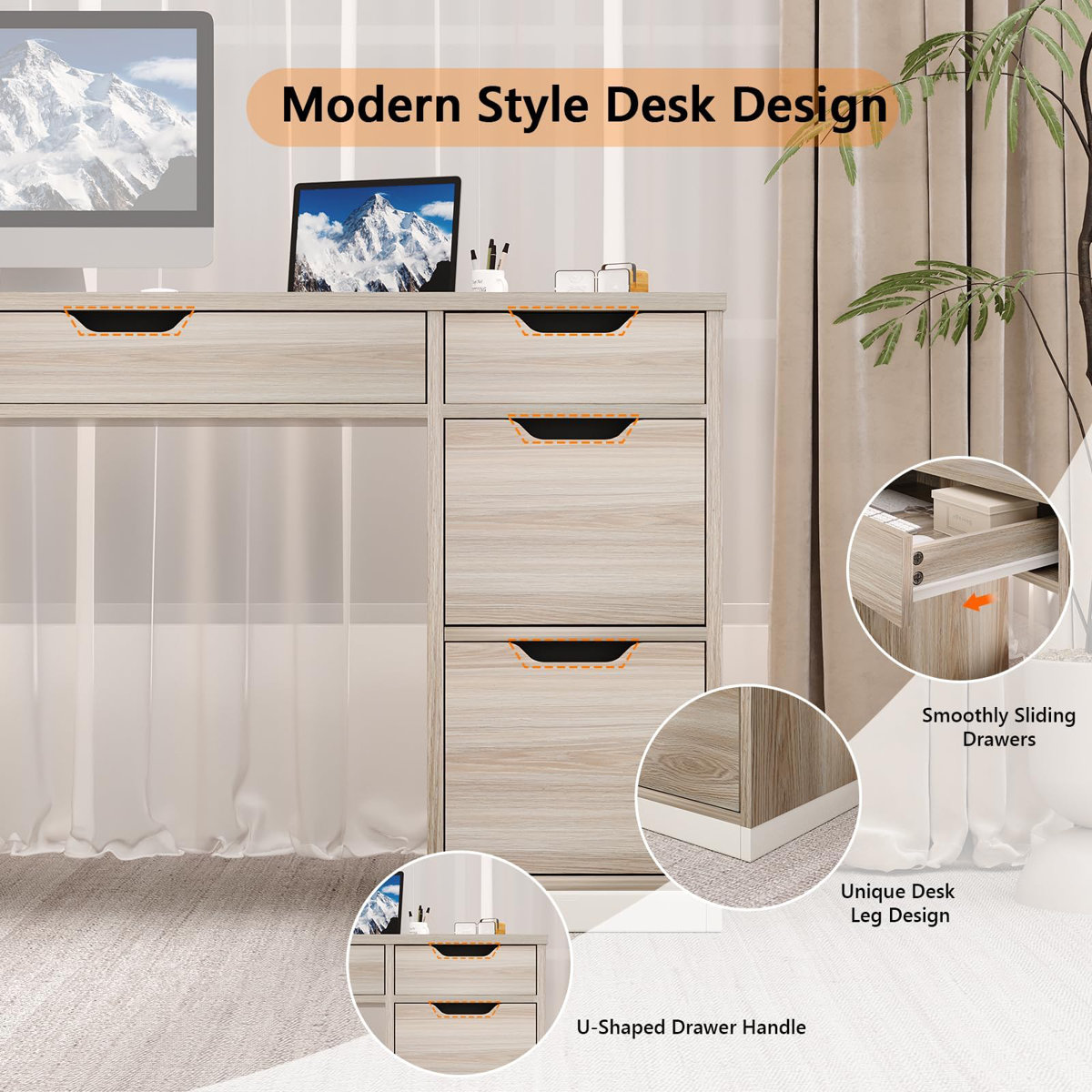 Latitude Run® Executive Desk with Storage Drawers, 54 Inch Computer ...