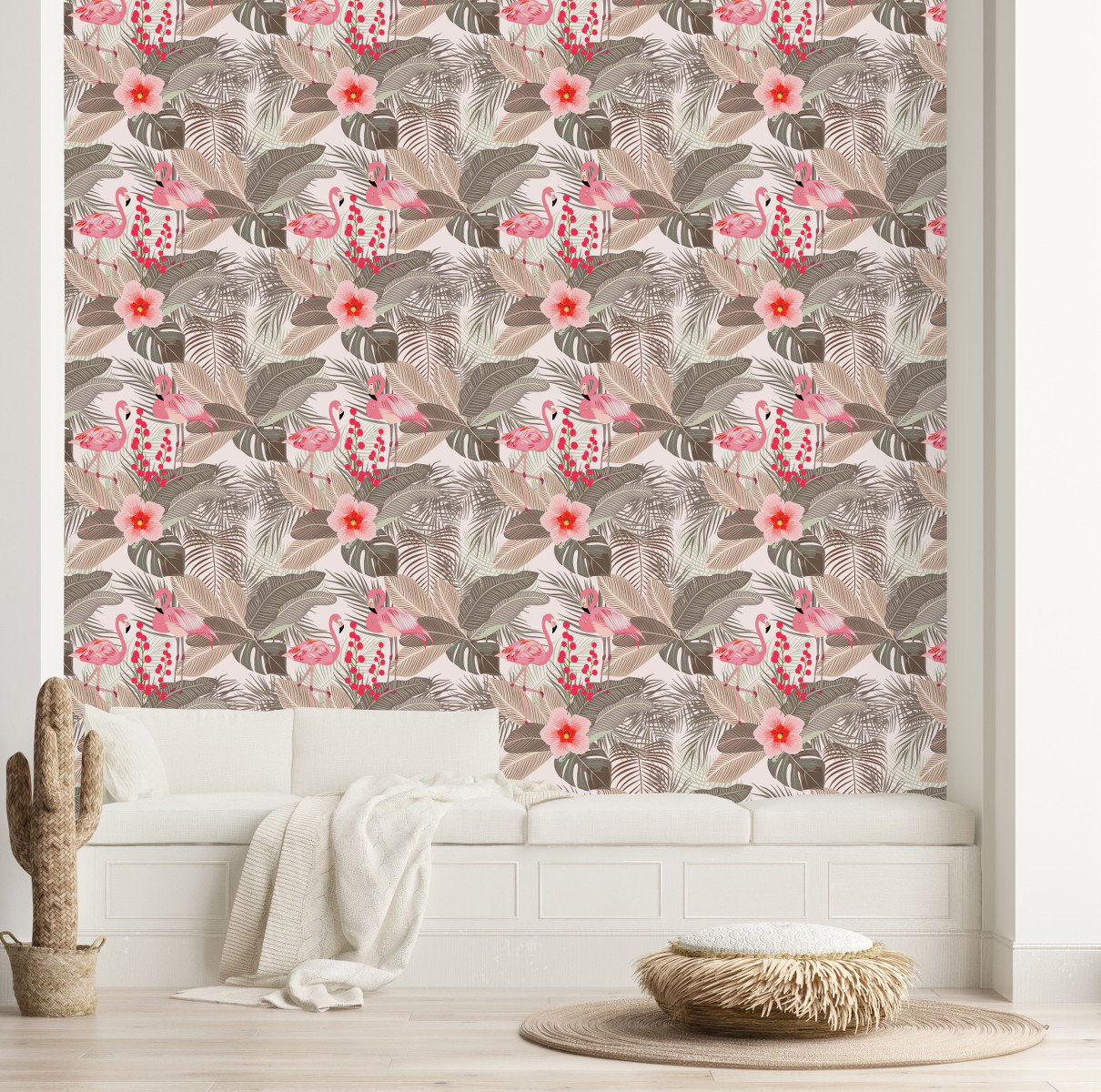 Bay Isle Home™ Kaidy Palm Leaves with Flamingos Wallpaper Panel | Wayfair