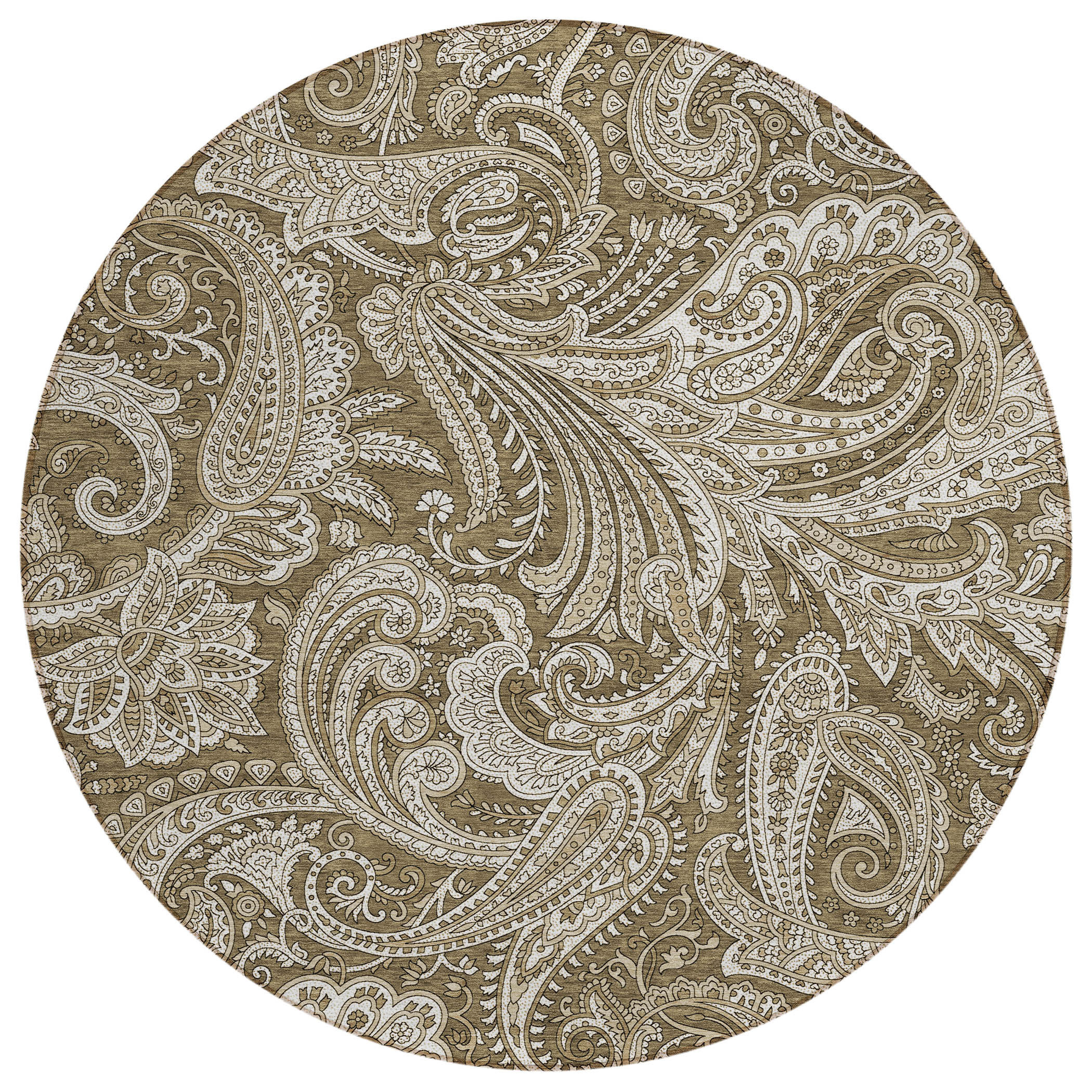 HomeRoots 8' Chocolate Beige And Ivory Round Paisley Washable Indoor ...