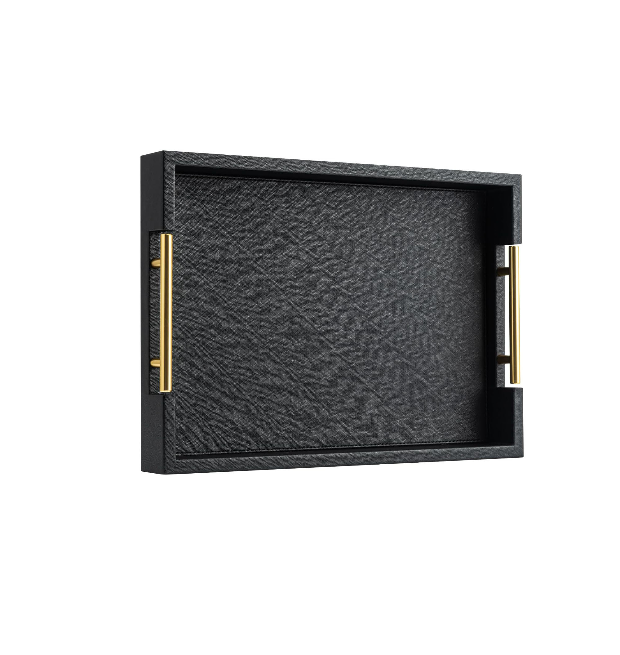 Everly Quinn Black Rectangle Serving Tray with Gold Handles,Faux Leather Coffee Table Tray Decor ...