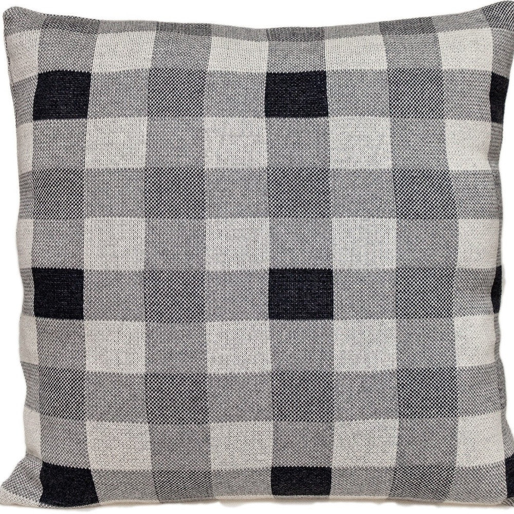 CustoGlobal Lead Grey Checkered Pillow, 20"X20", Knitted Cotton ...