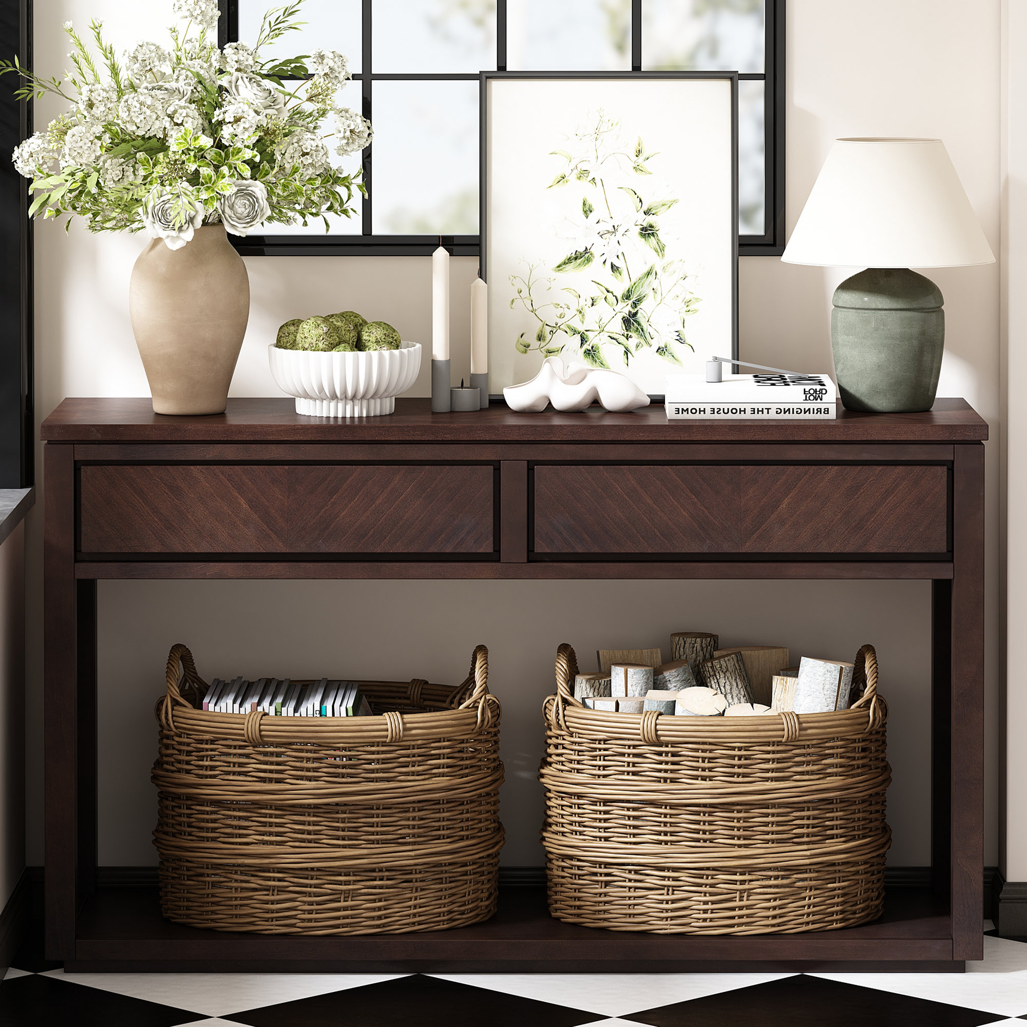 Red Barrel Studio Wood Storage Console Table with Drawers and Open ...