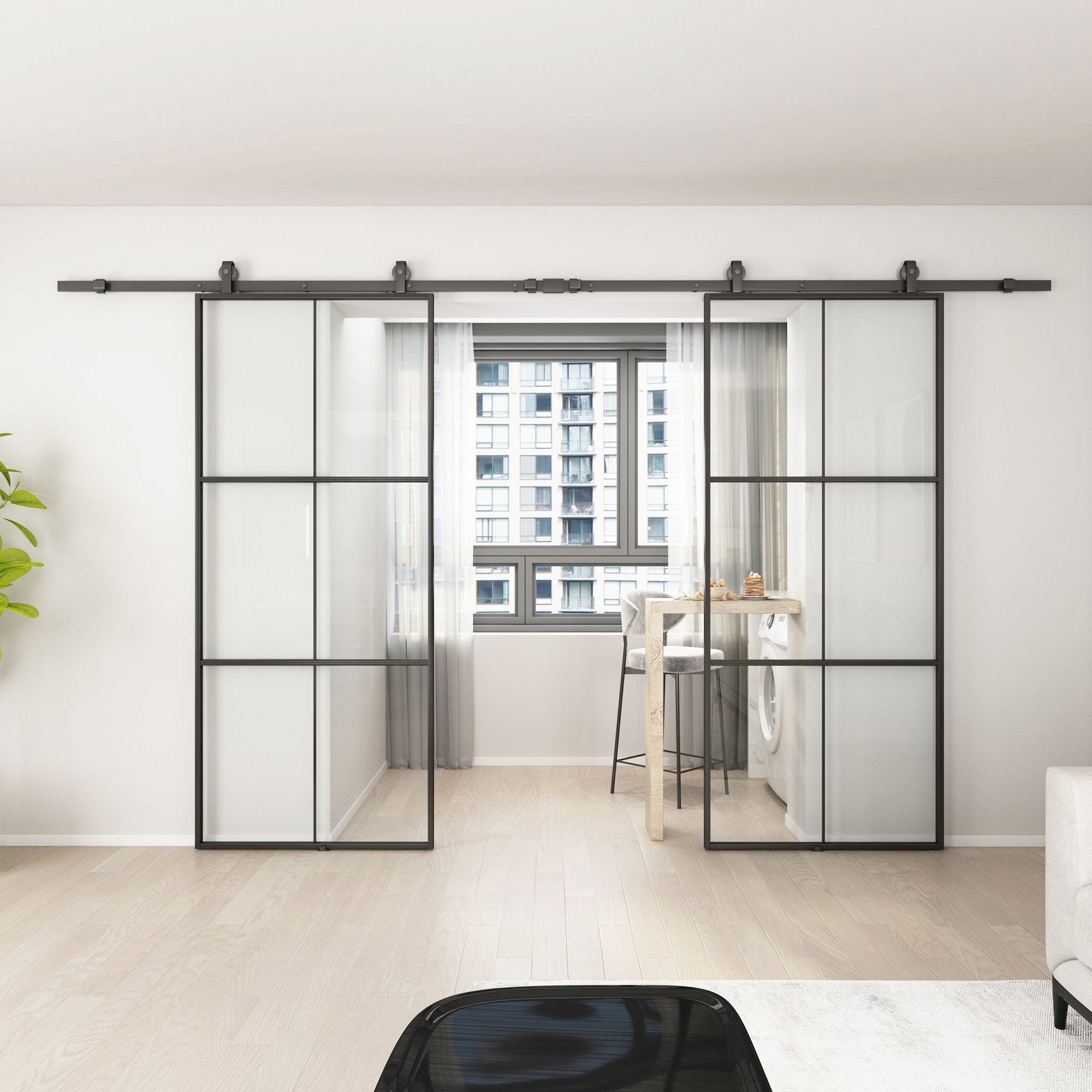 JUBEST Clear Glass Double Barn Door with Installation Hardware Kit ...