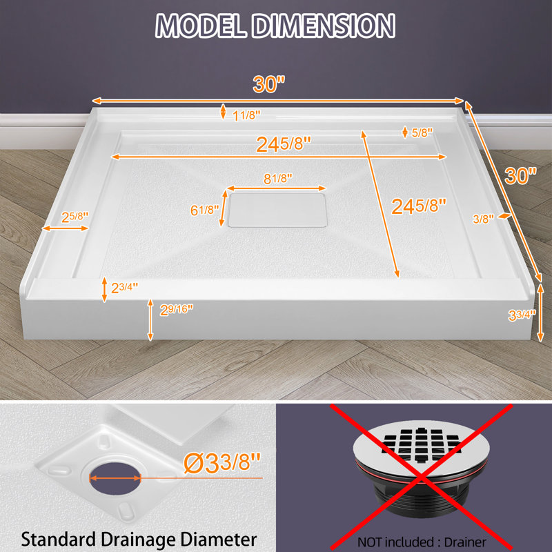 Ogonbrick 30" W X 30" D Single Threshold Acrylic Shower Pan Base With ...