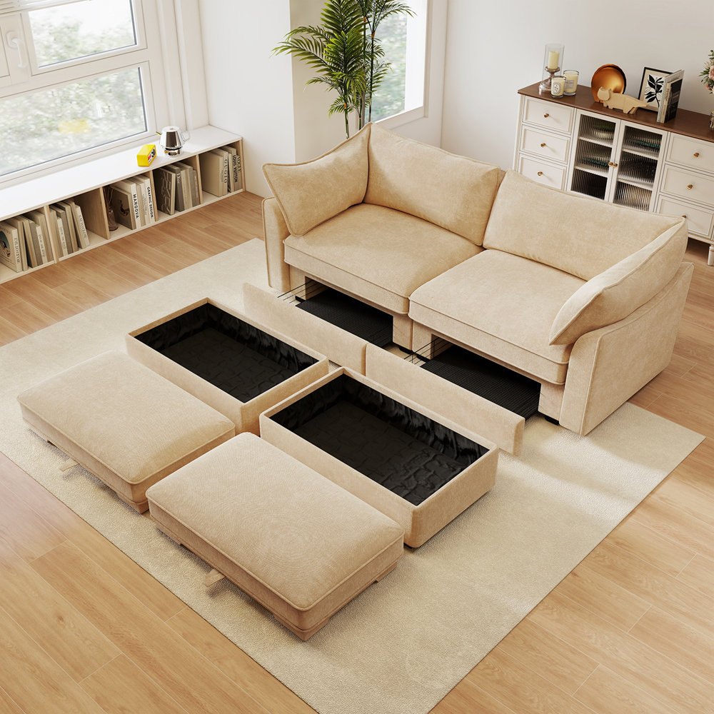 Brayden Studio 3 Seater Sofa With 3 Ottomans, Wide and Deep Seat 3-Seat ...