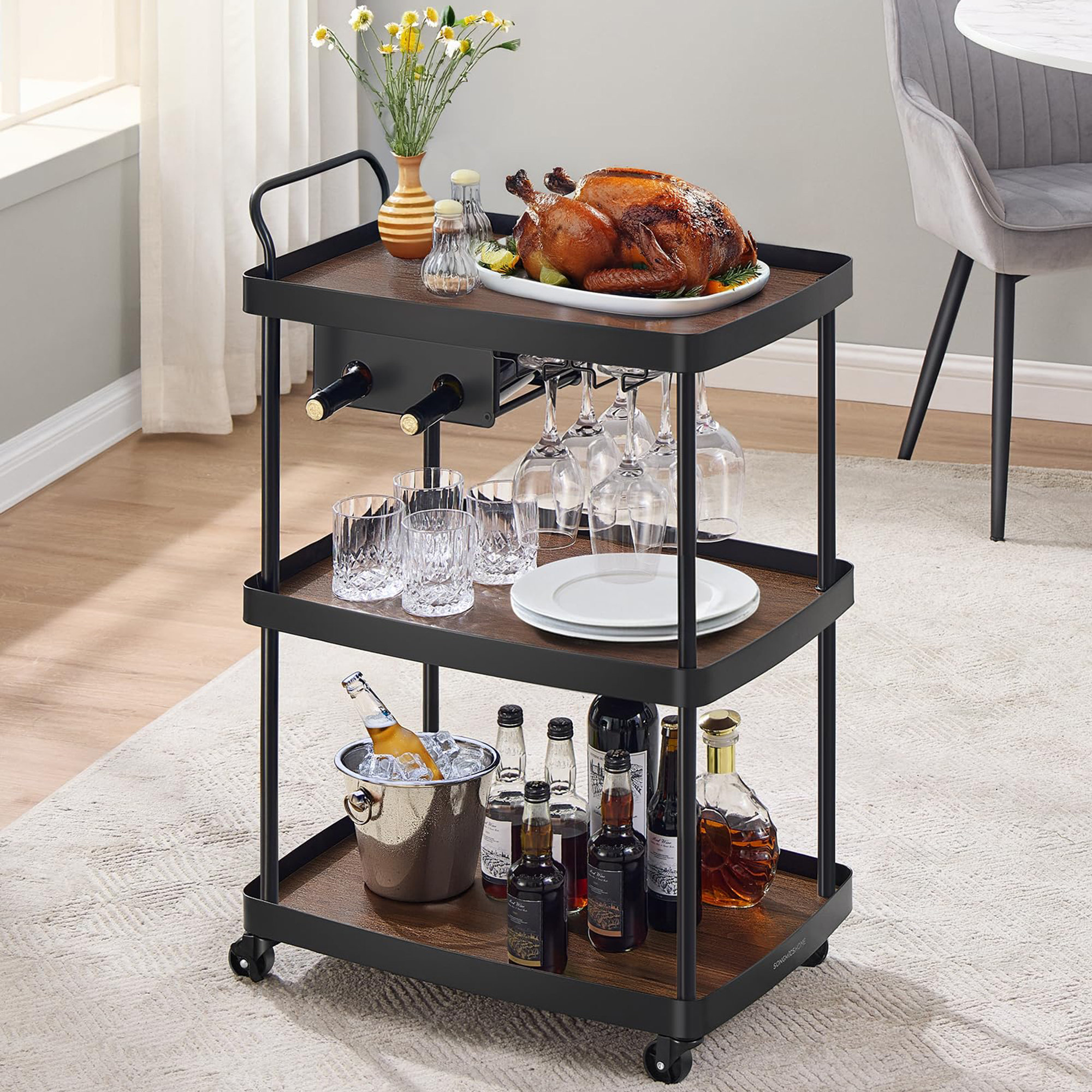 17 Stories Home Bar Serving Cart with 3 Shelves, Flexible Bottle Rack ...