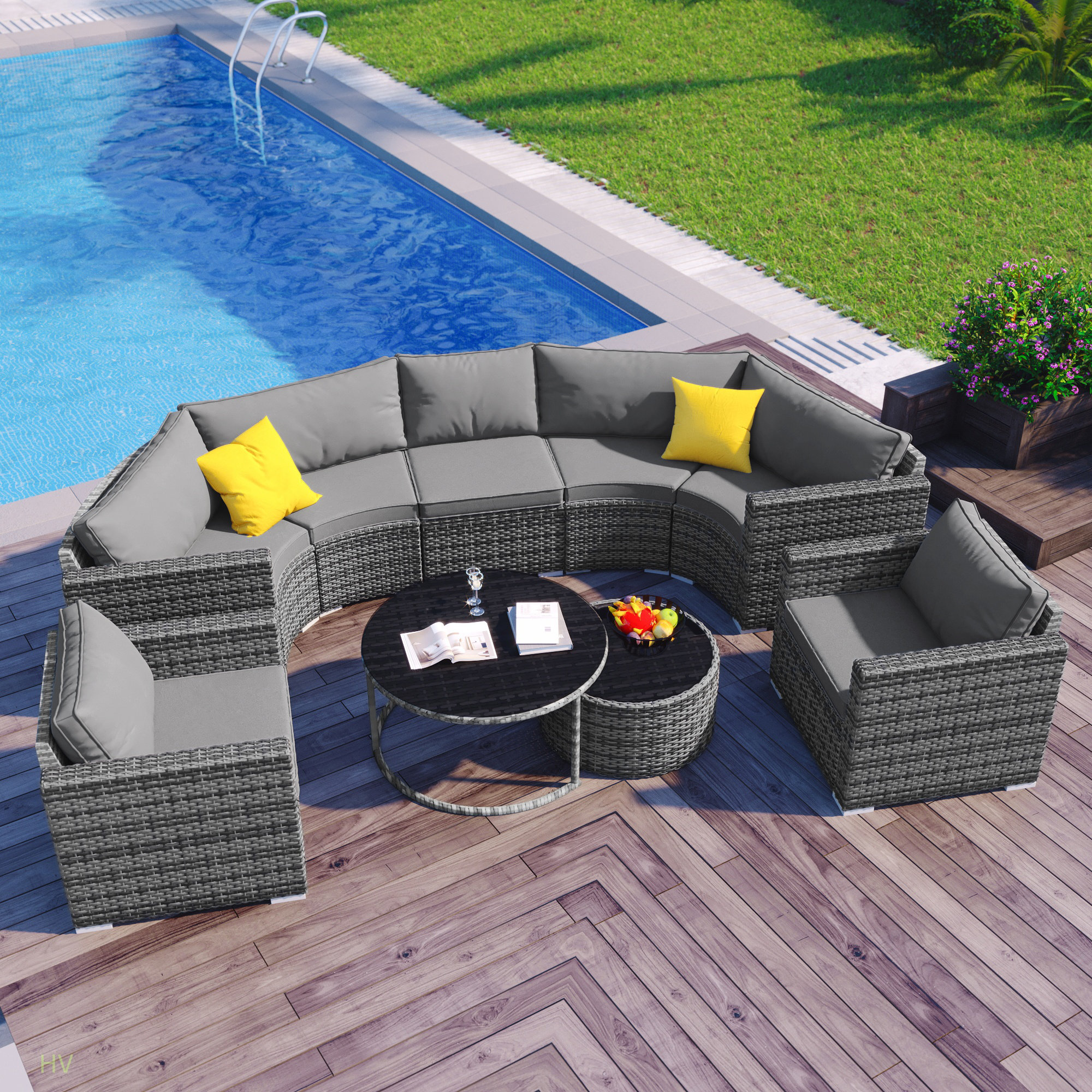 Latitude Run® 9-Pieces Outdoor Half-Moon Patio Sofa Set, Round Sofa Set ...
