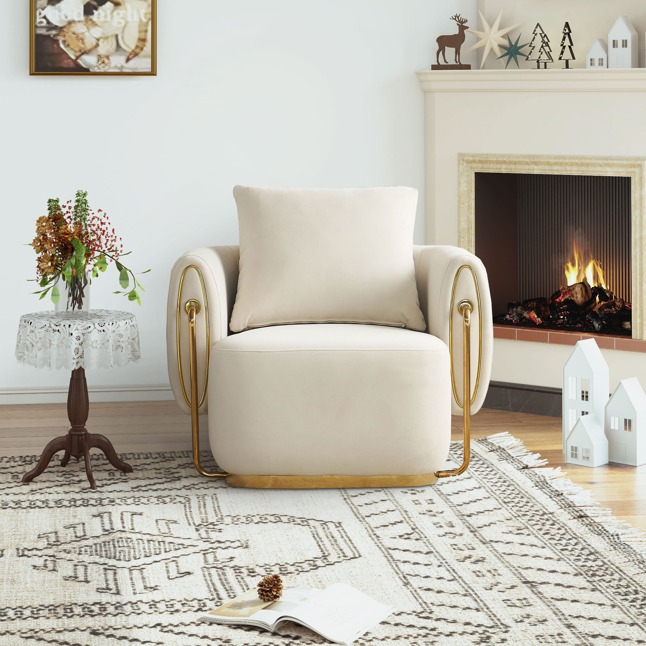 Everly Quinn Modern Luxury Accent Chair With Gold Metal Base Frame And ...