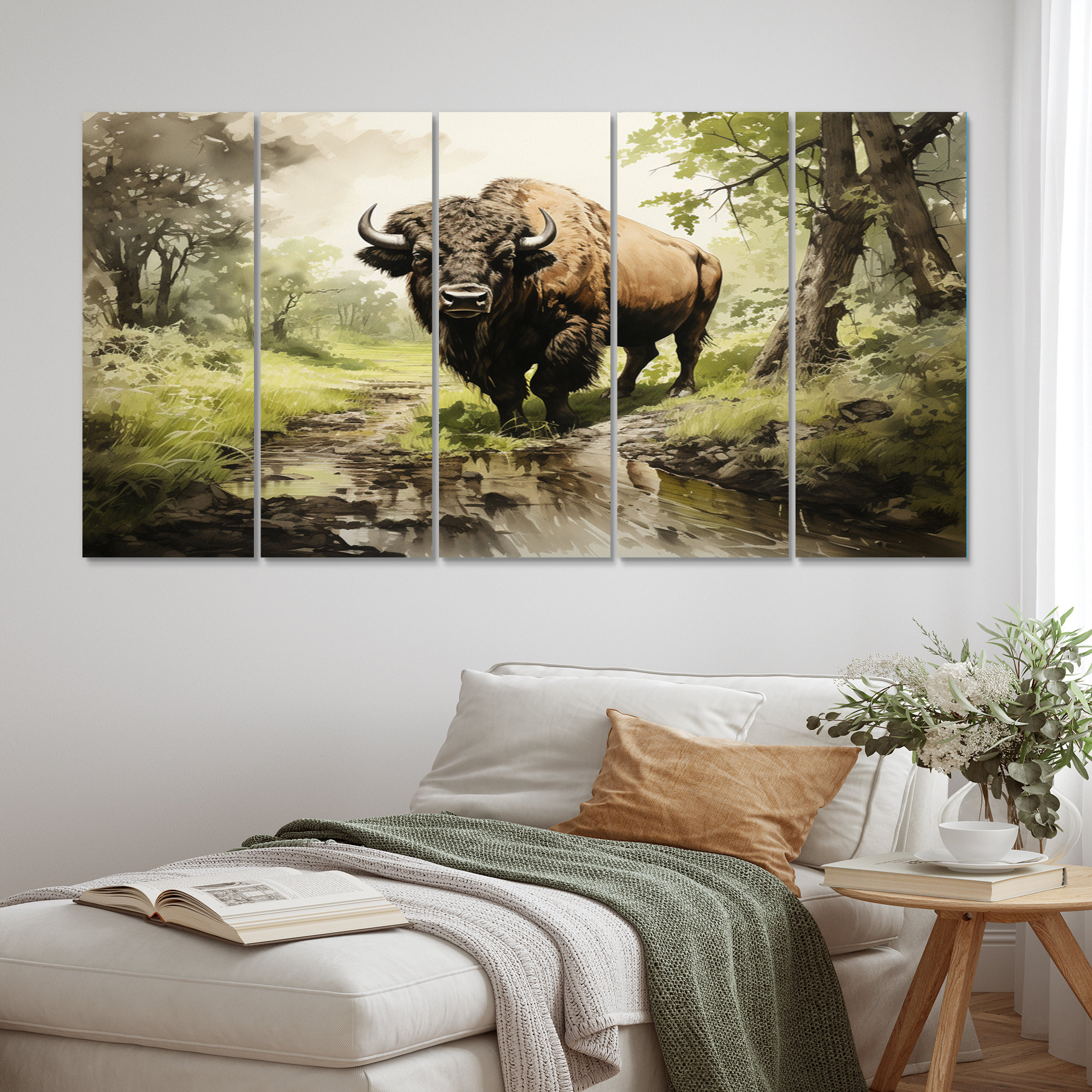 Design Art Brown Green Buffalo Shadows of Serenity - Animals Metal Art Print Set | Wayfair