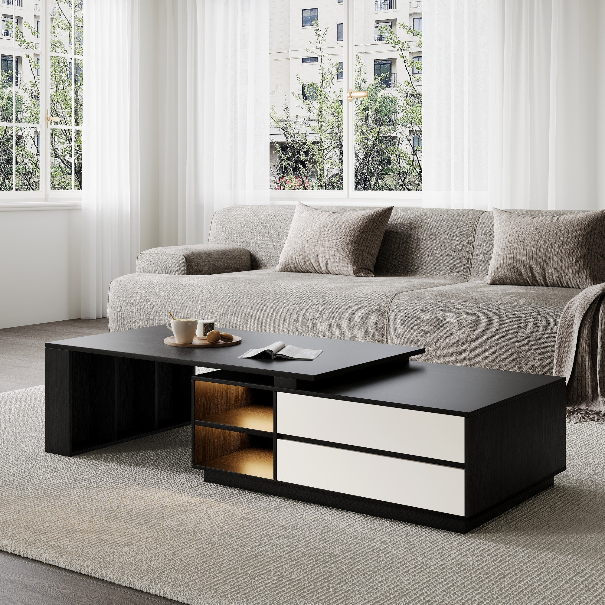 Orren Ellis Buckwell Extendable Coffee Table with LED Lights & 2 ...