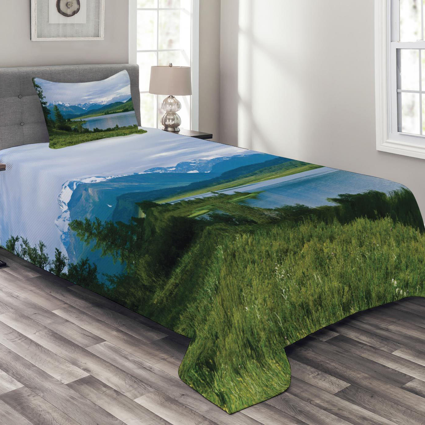 Ambesonne Nature Pale Blue Microfiber Rustic Coverlet / Bedspread Set ...