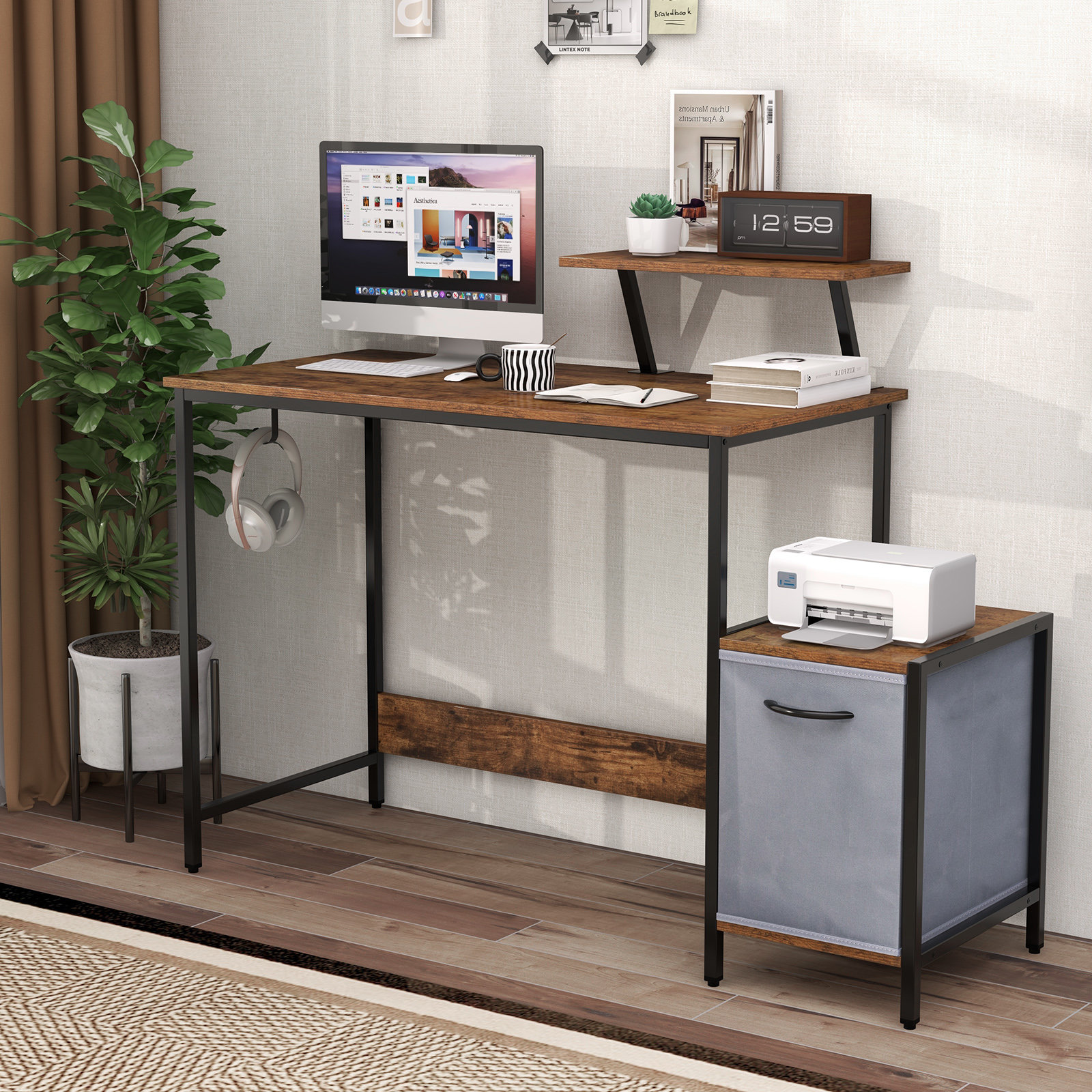 17 Stories Computer Desk w/Reversible Fabric Drawer & Power Outlet ...