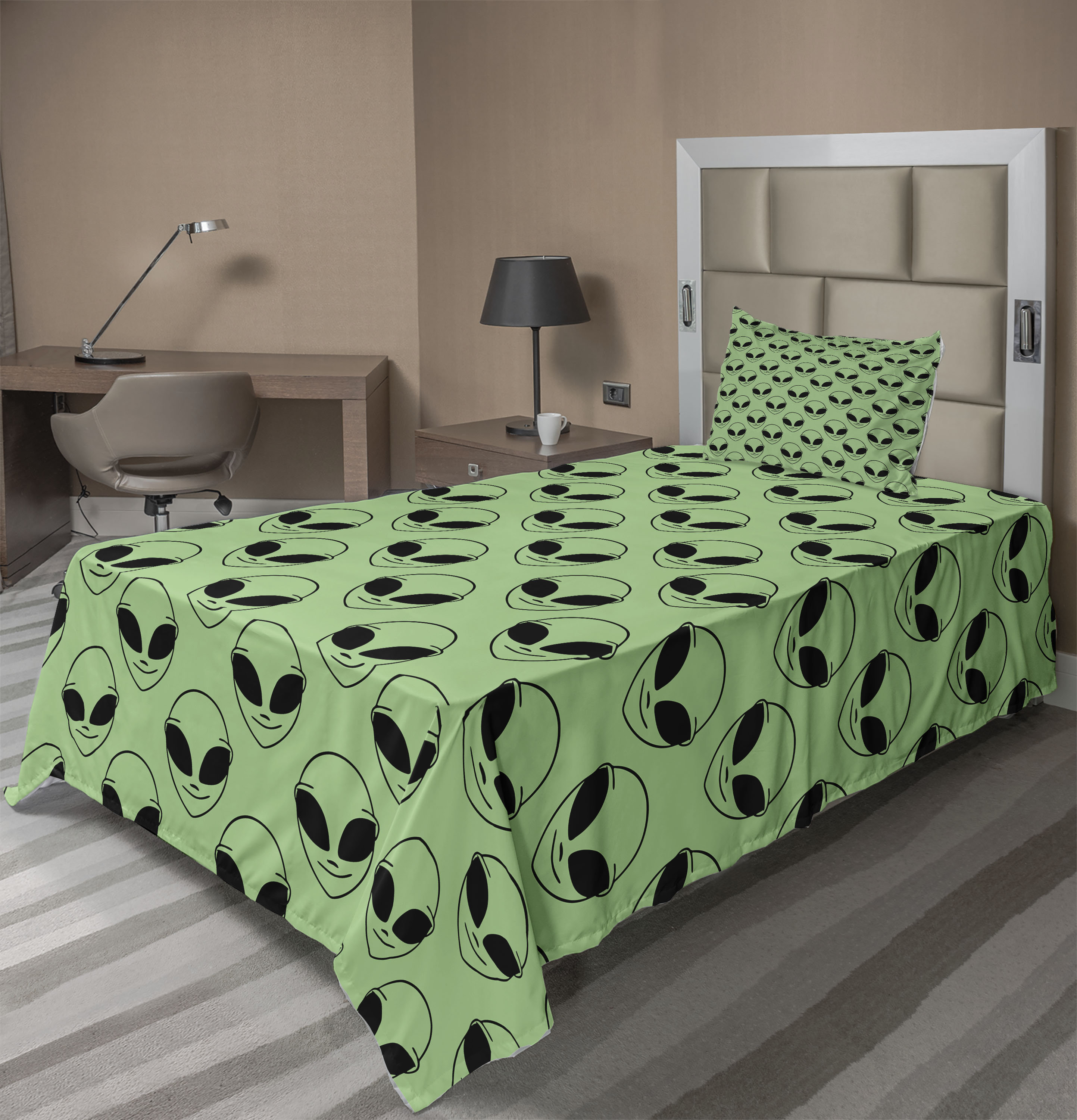 Ambesonne Alien Sheet Set Extra-Terrestrial Cartoon Art Pale Green and ...