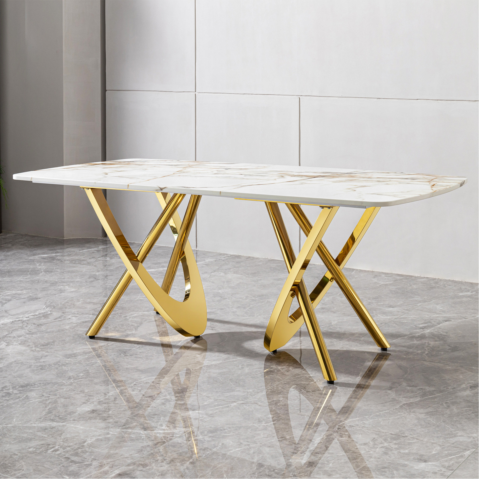 Mercer41 MDF Marble Pattern Dining Table With Gold Stainless Steel Base ...