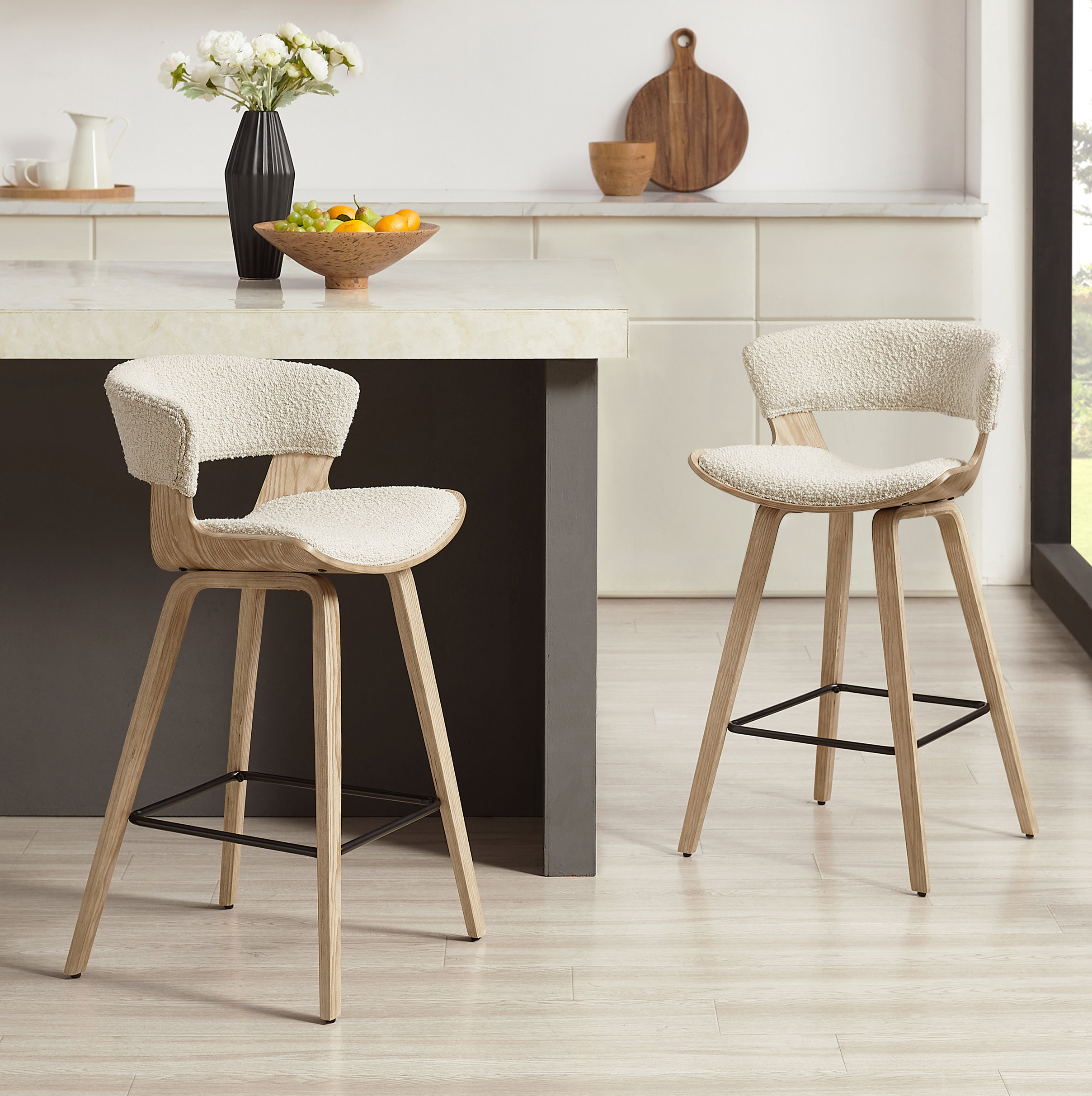 George Oliver Binni 26.97" Boucle Upholstered Counter Stools with Wood ...