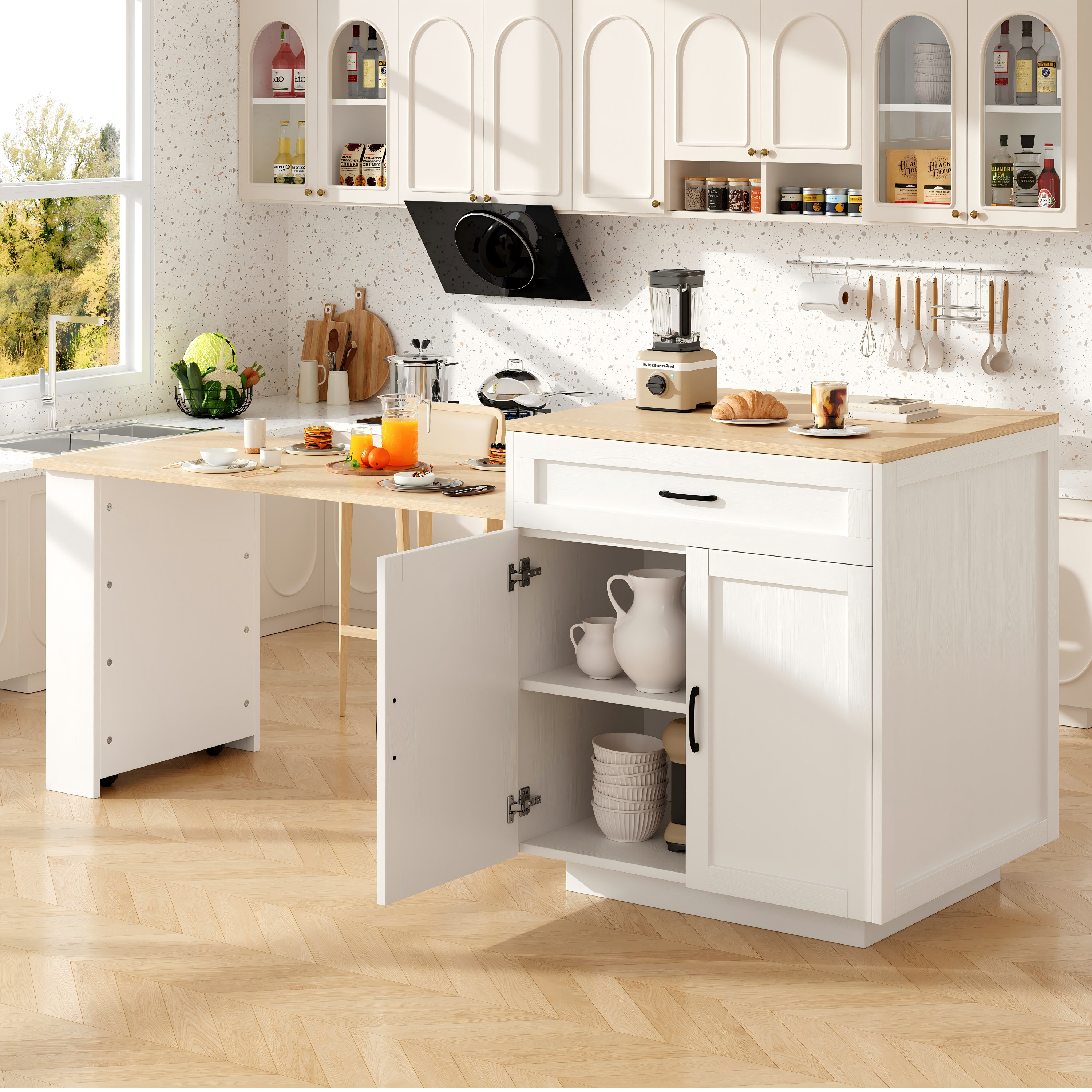 Ebern Designs Extendable Bar Table With 2 Doors And 2 Drawers White ...