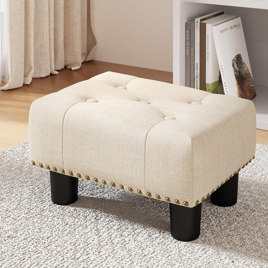 Ebern Designs Small Tufted Foot Stool, Beige Linen Rivet Tufted ...