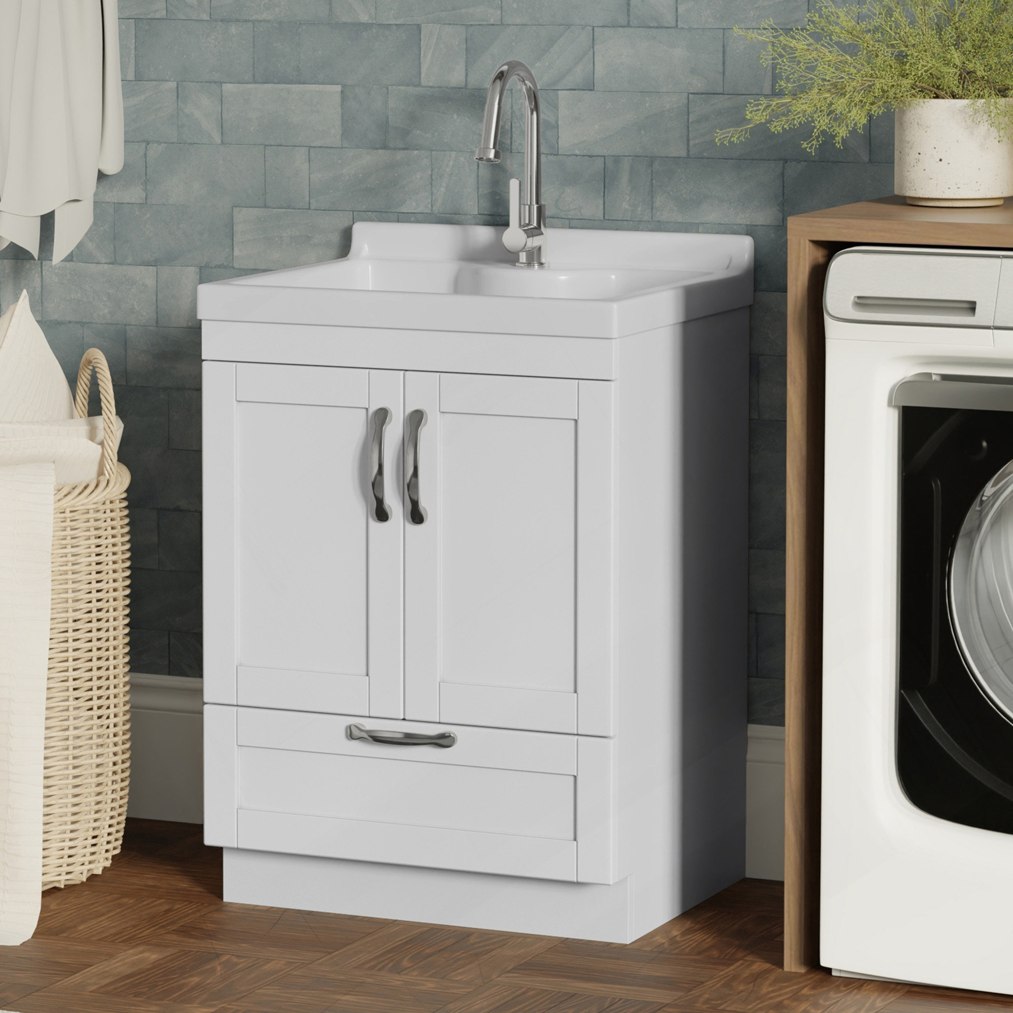 Highland Dunes 24-Inch Laundry Utility Sink And Cabinet With ABS Sink ...