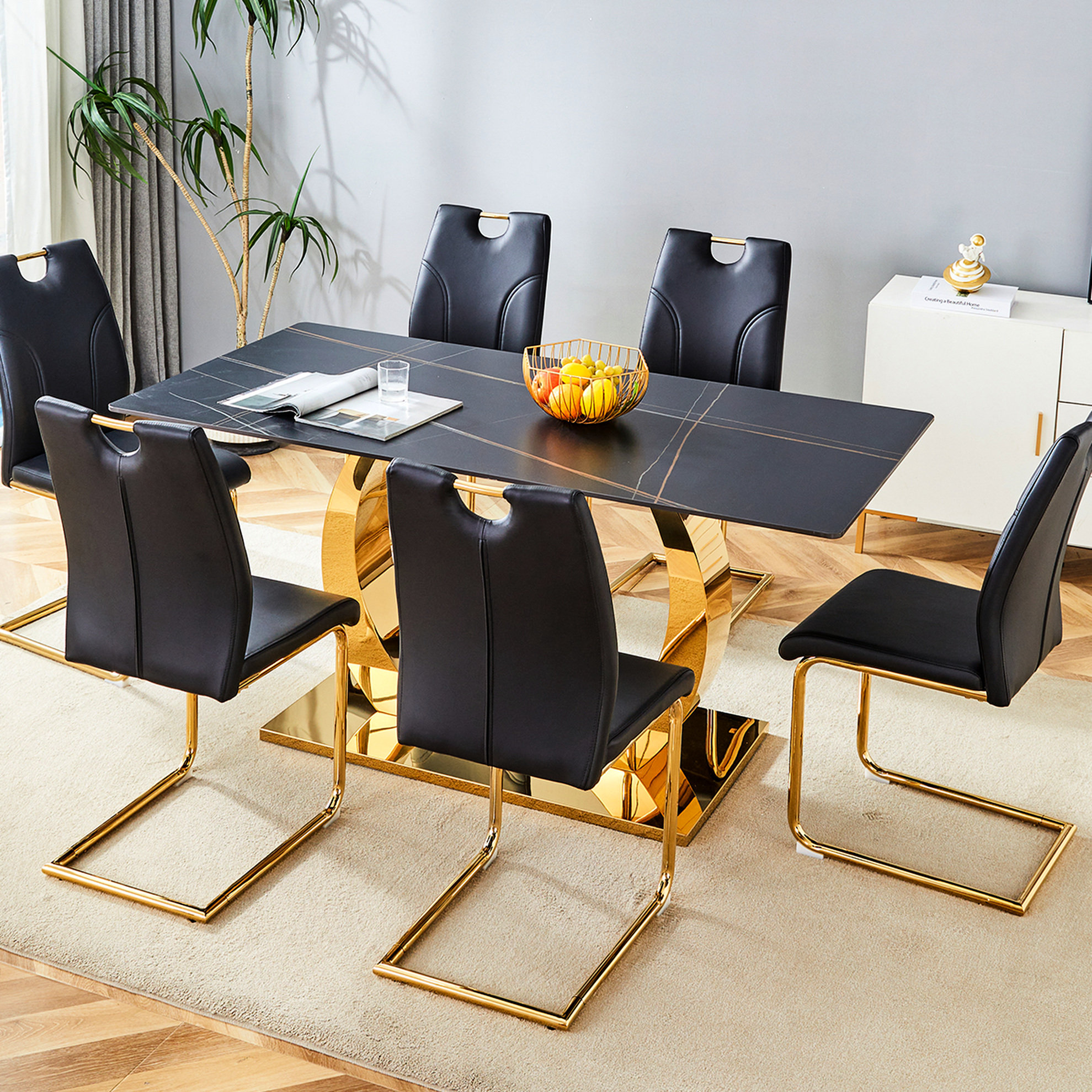 Everly Quinn Black Texture Sintered Stone Table And 6 Comfortable ...