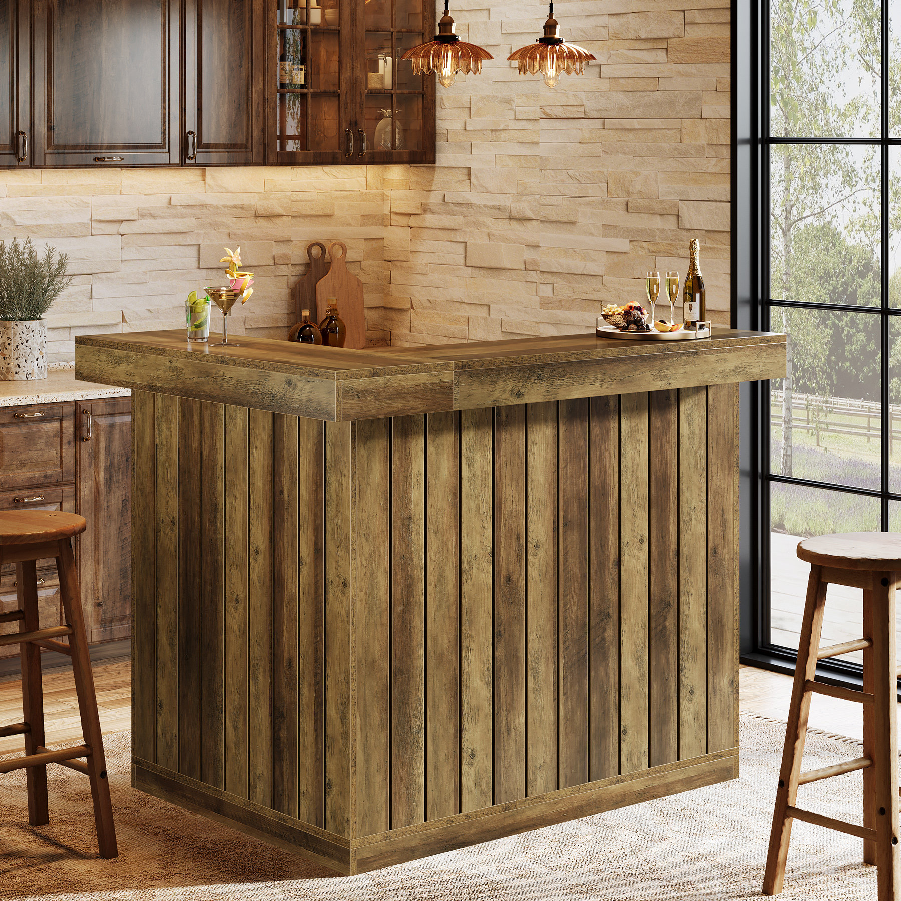 Millwood Pines Home Corner Bar Cabinet,L-Shaped Liquor Bar Table | Wayfair