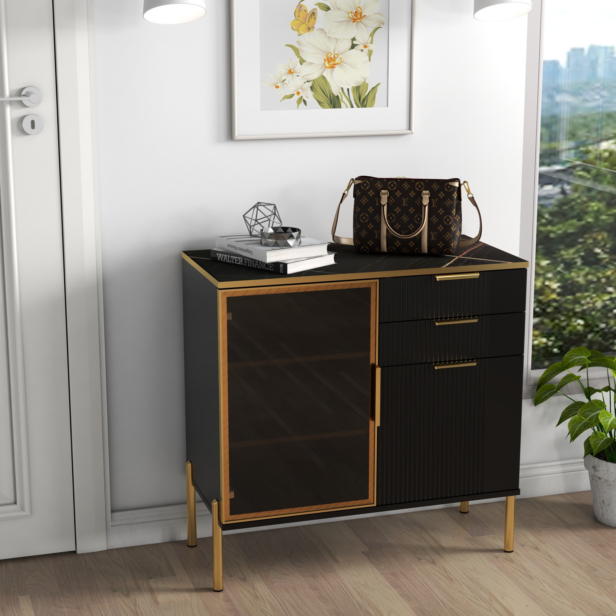 Mercer41 Davide 31.5'' Wide 1-Door Accent Cabinet with 2 Drawers，Black ...