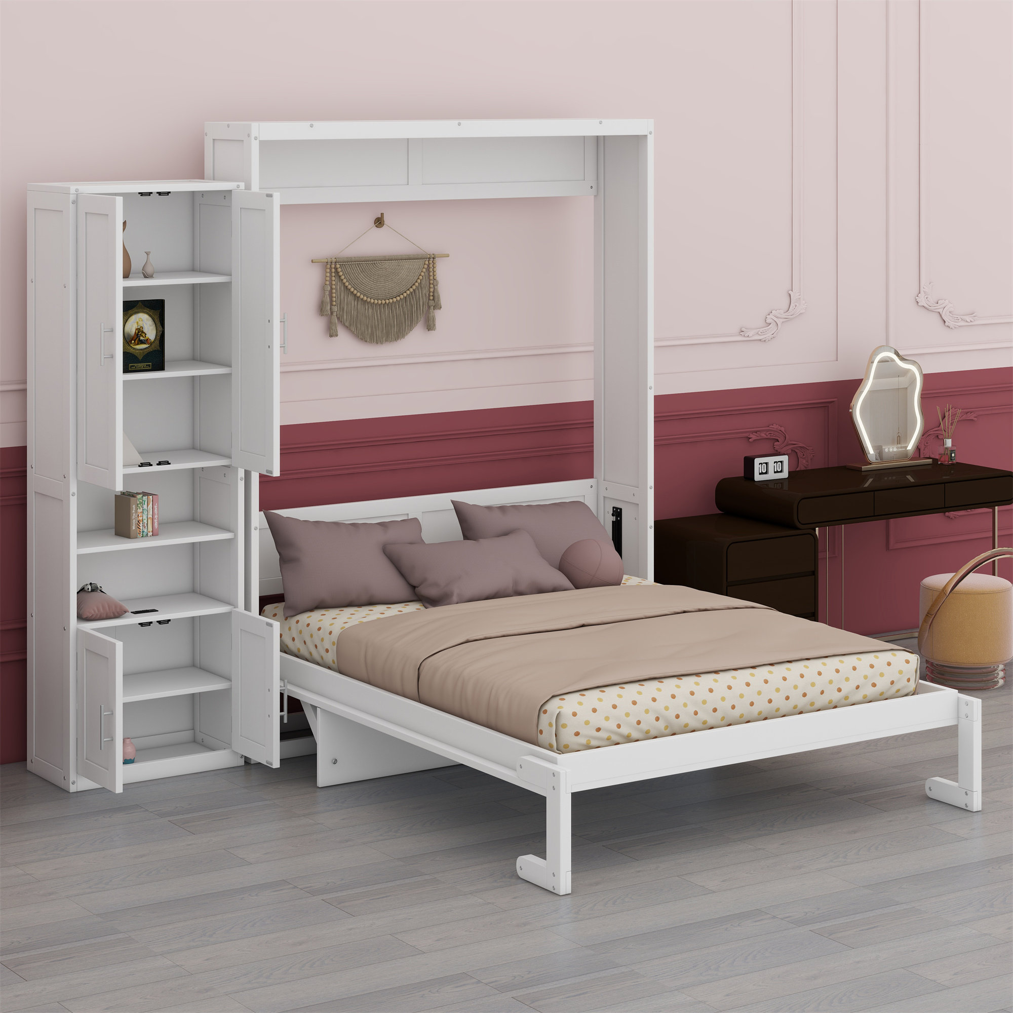 Hokku Designs Murphy Bed With 1 Side Cabinet Storage Shelf, Cabinet Bed Folding Wall Bed With ...