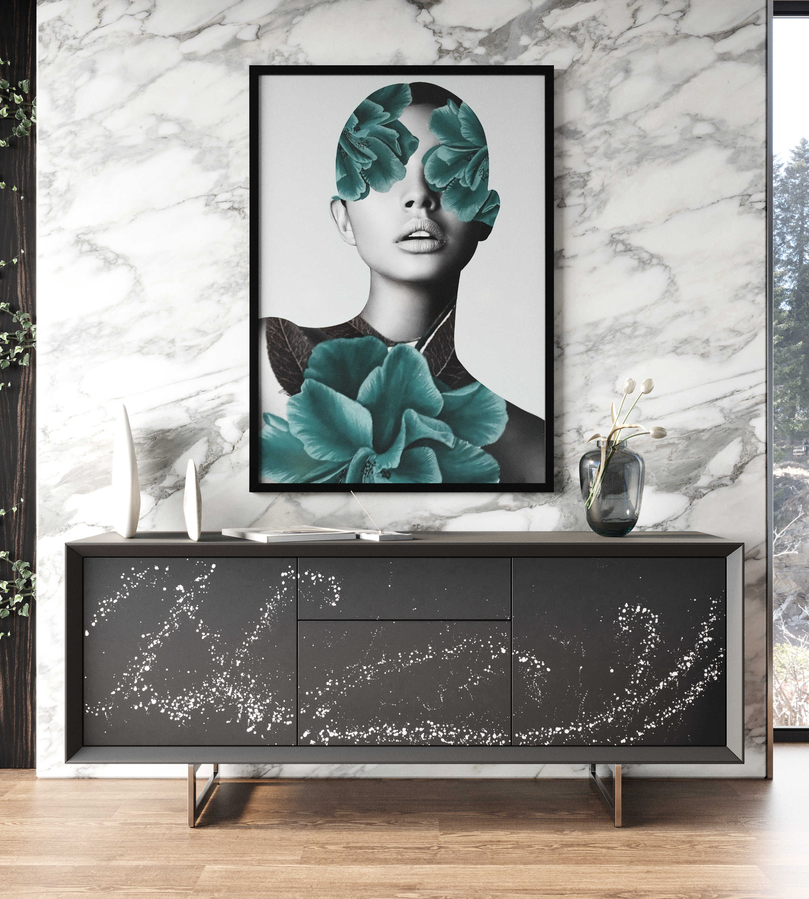 Orren Ellis Keomi Dark Grey + Abstract White Paint Sideboard | Wayfair