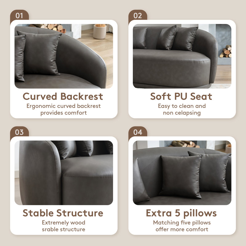 Orren Ellis 91'' Faux Leather Gray Curved Sofa & Reviews | Wayfair