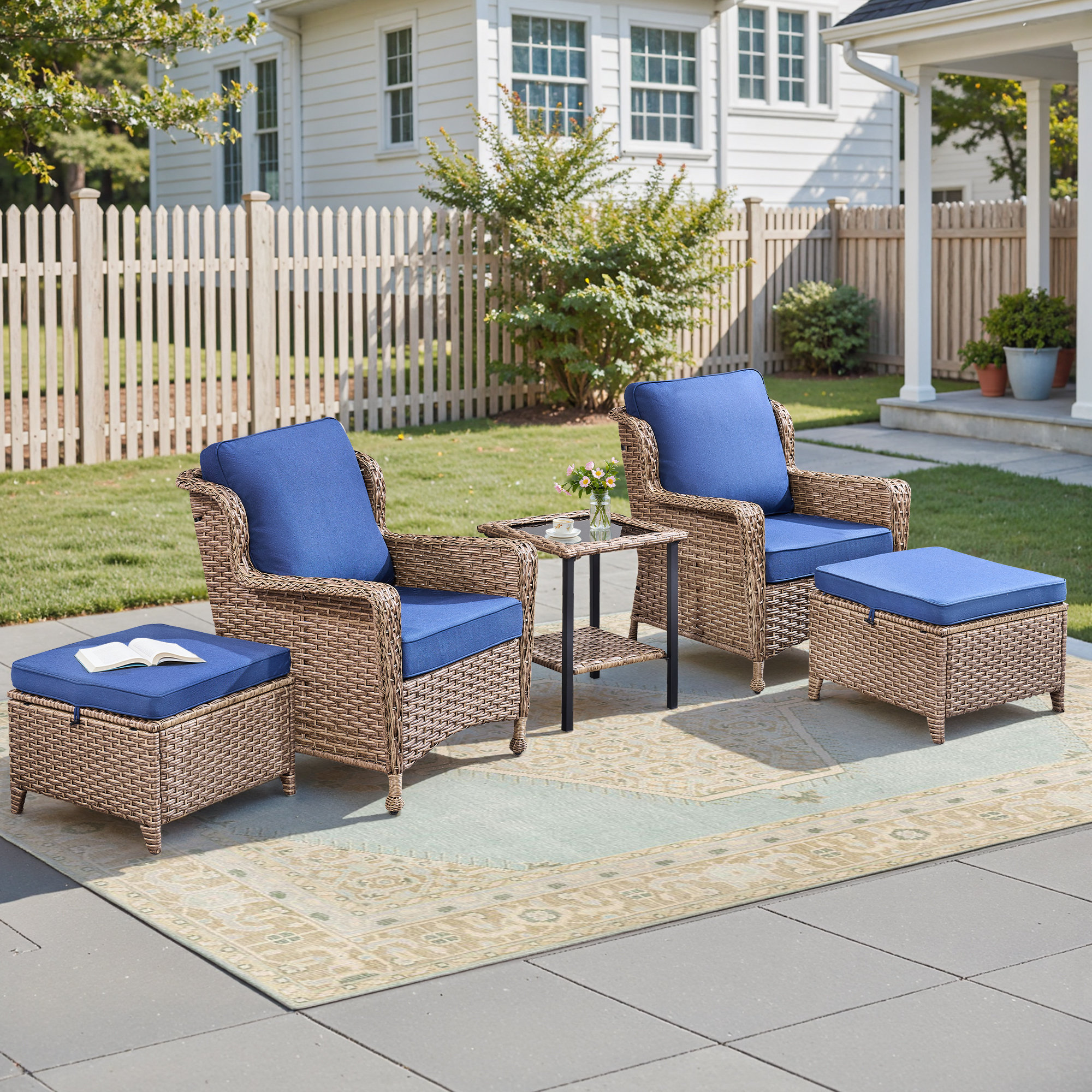 Latitude Run® 5 Piece Outdoor Patio Set, All-Weather Rattan Patio High ...