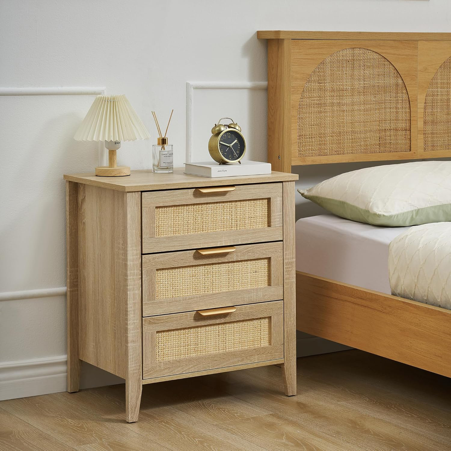 Bayou Breeze Rattan Nightstand, Boho Nightstand With 3 Natural Rattan ...