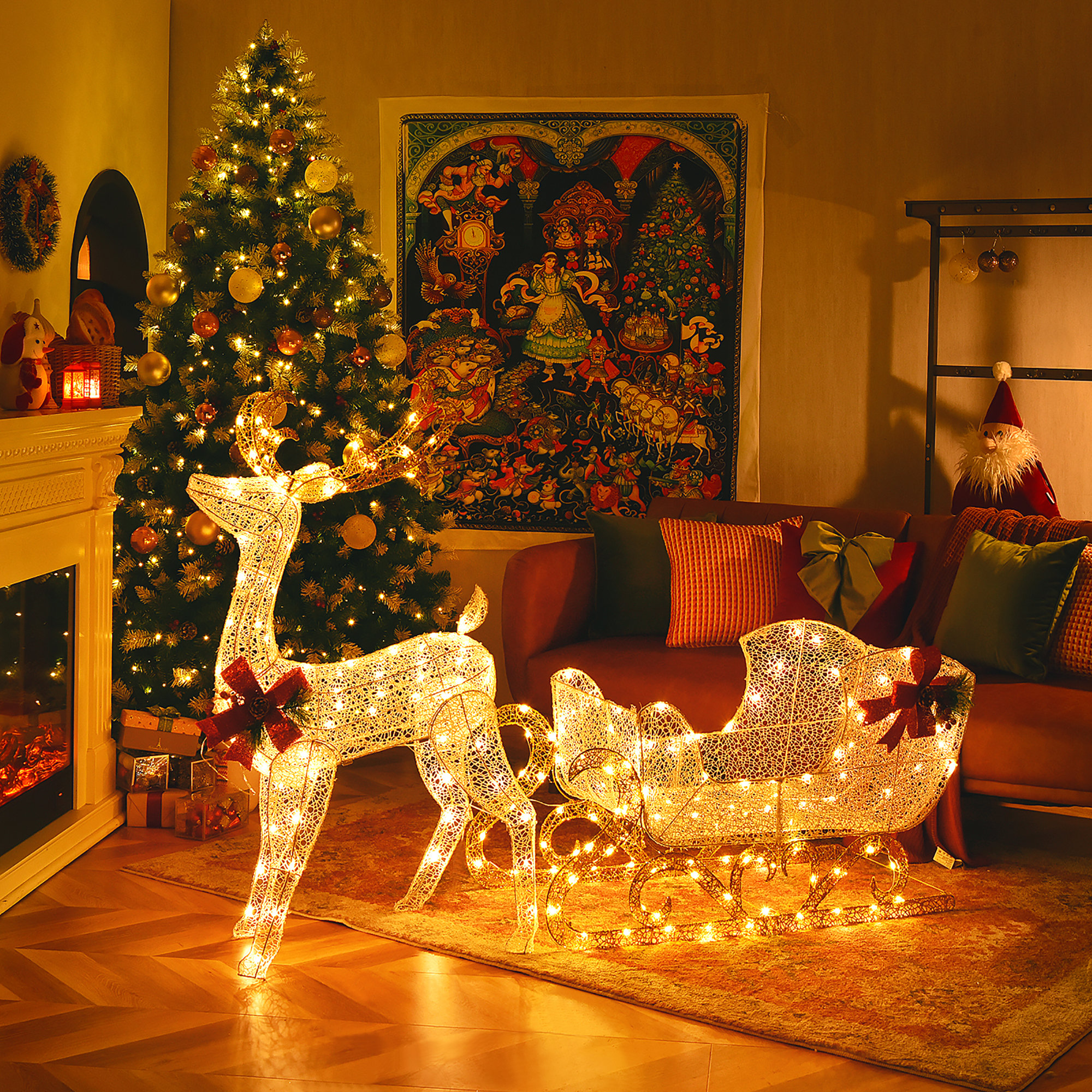 The Twillery Co.® Beckville Christmas Lighted Reindeer & Santa's Sleigh ...