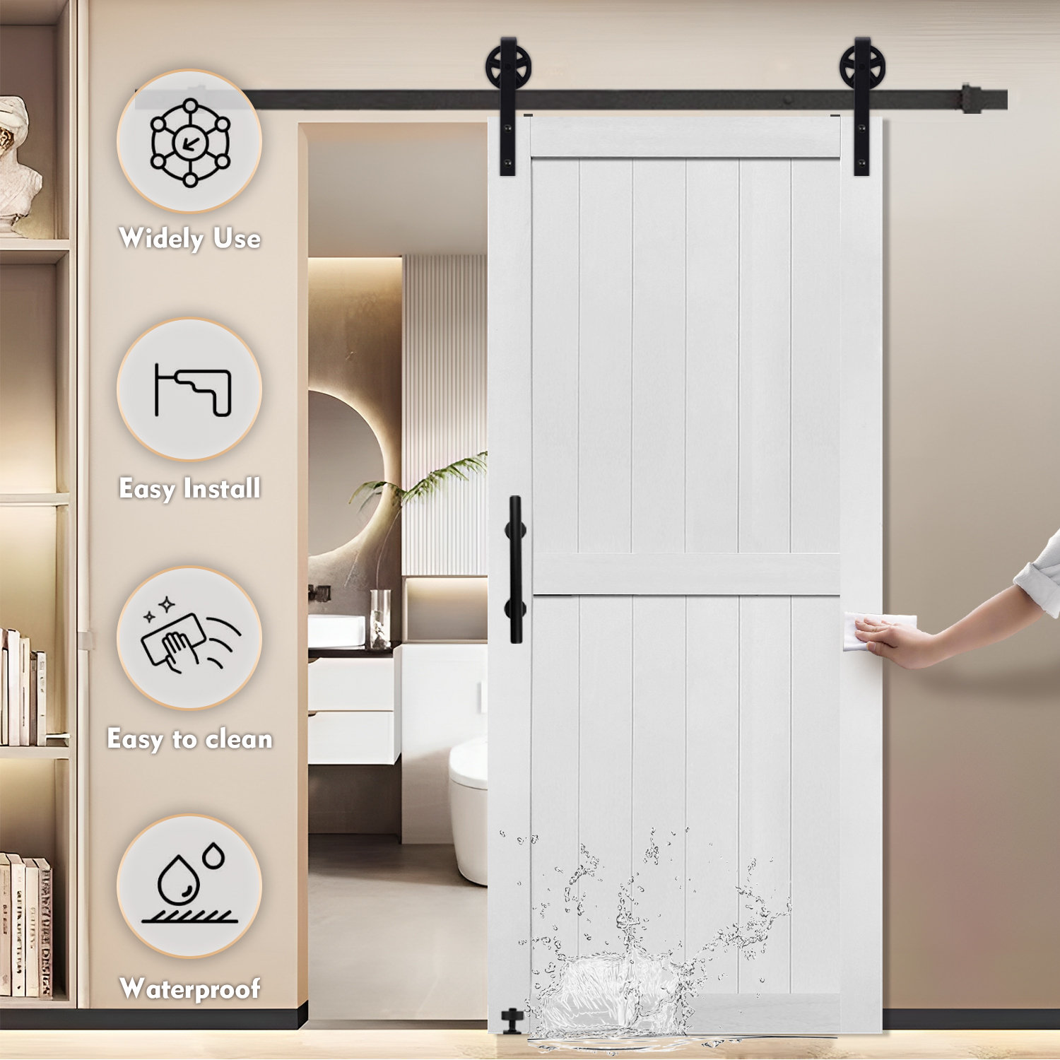 S&Z TOPHAND MDF Barn Door Easy Assembly -Solid Slab Covered with Water ...