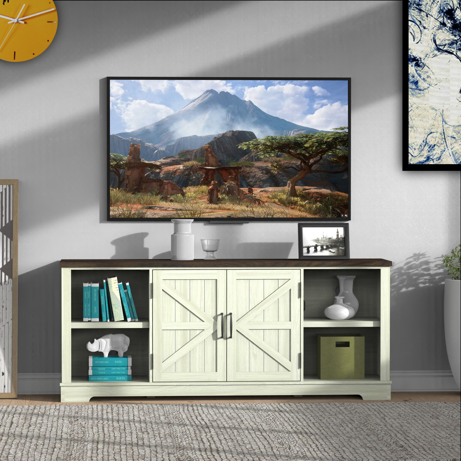 Gracie Oaks Farmhouse TV Stand for TVs Up To 80" With Open Storage ...