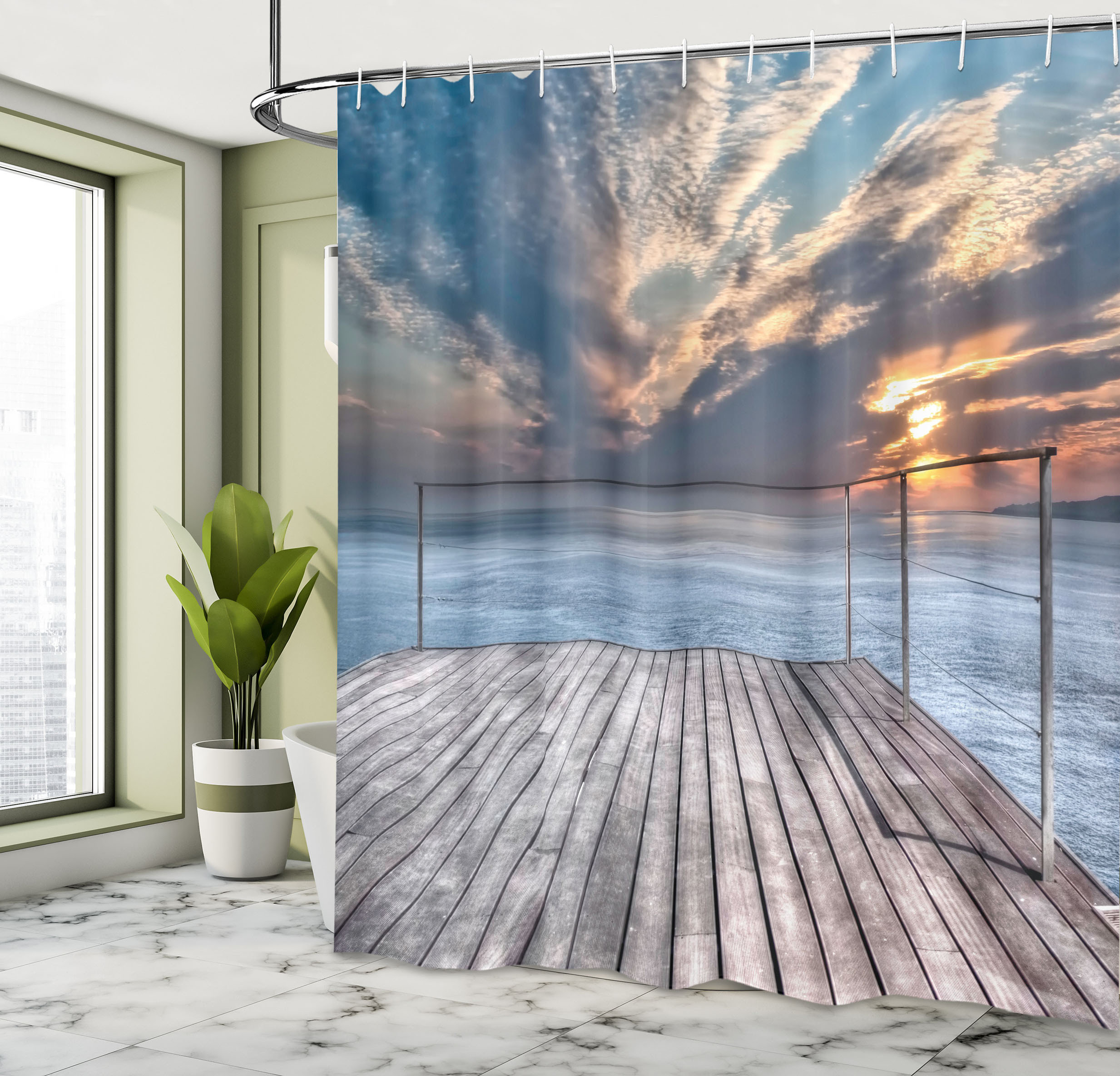 Dovecove Scenery Shower Curtain Sea View Terrace Sunset Pale Brown Sky ...