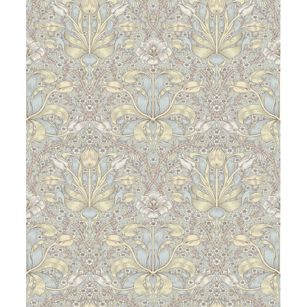 World Menagerie Spring Thicket Blue Tulip Damask Wallpaper | Wayfair