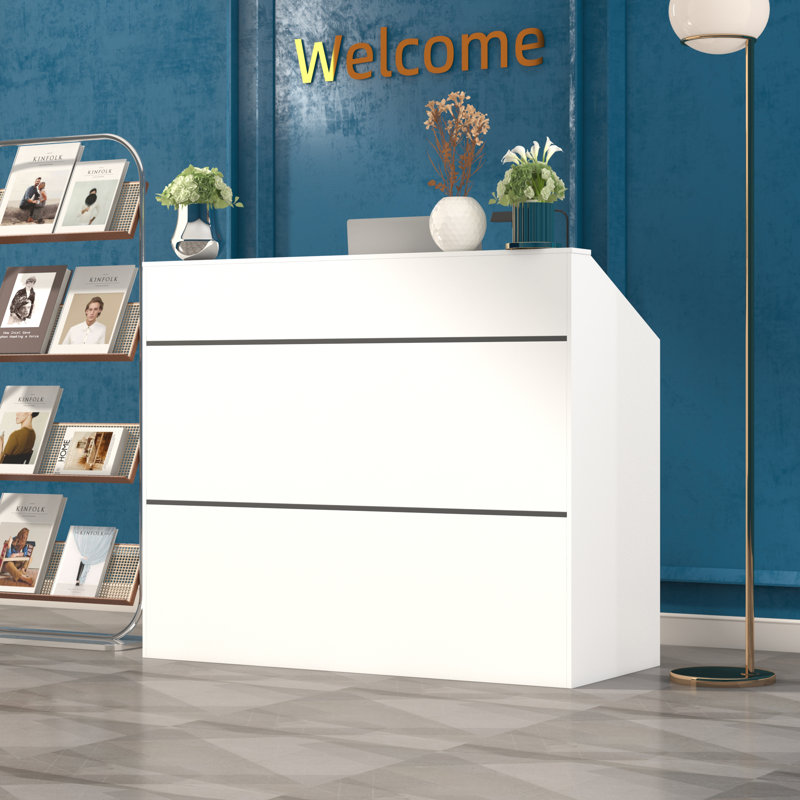Ebern Designs Modern White Reception Desk With Raised Countertop ...