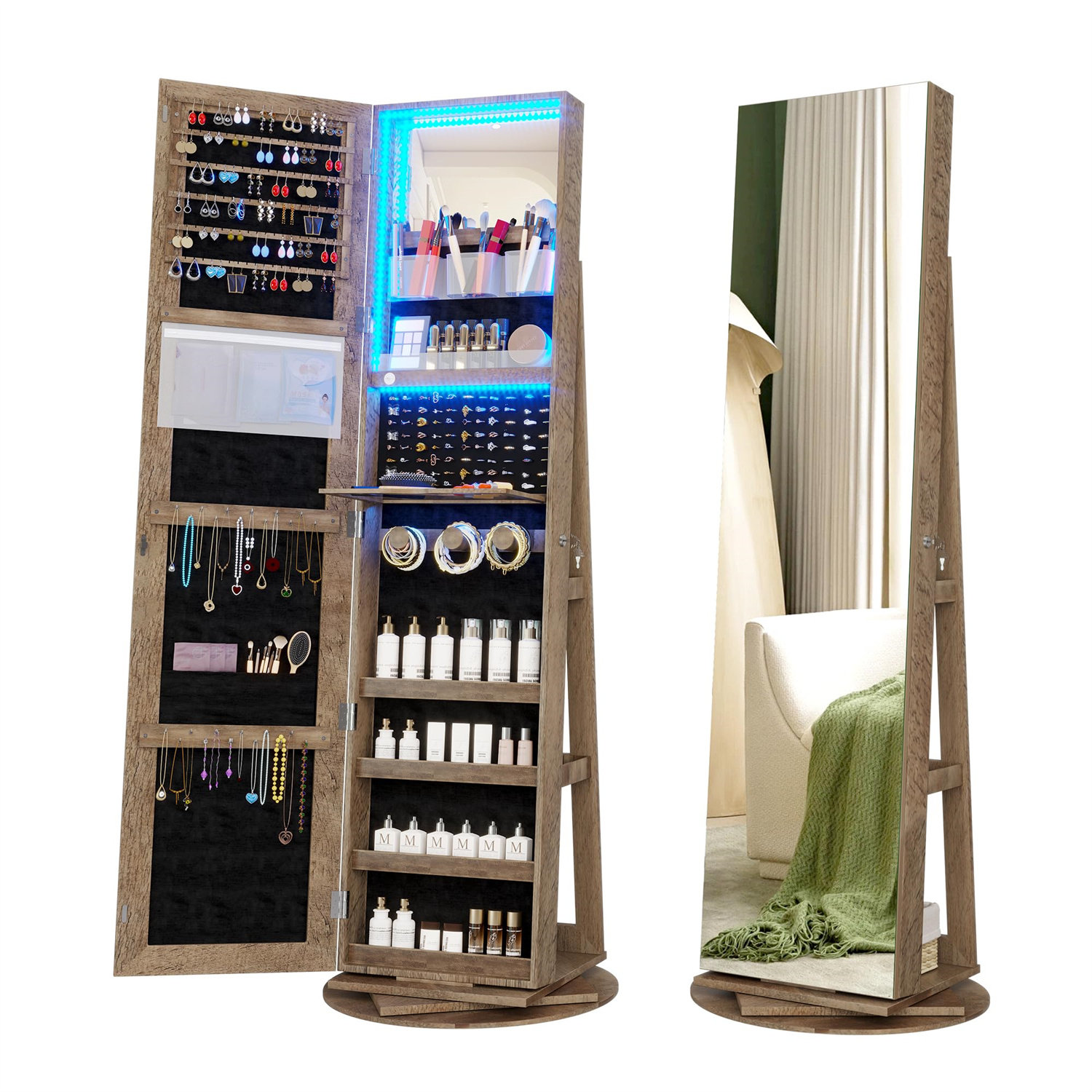 NIERBO Modern Jewelry Armoire With LED Lights, Full Length Mirror, And ...