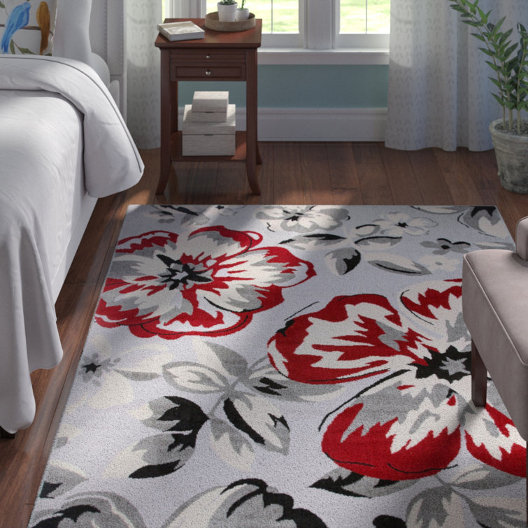 Winston Porter Rooshi Floral Gray/Red Area Rug & Reviews | Wayfair