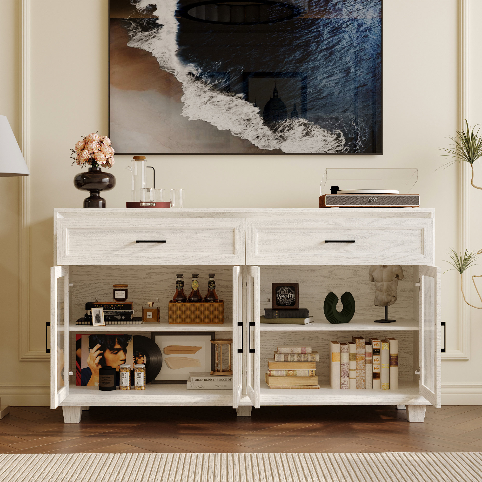 Ebern Designs Slant-Edge Design 2-Drawer & Glass Door Storage Cabinet ...