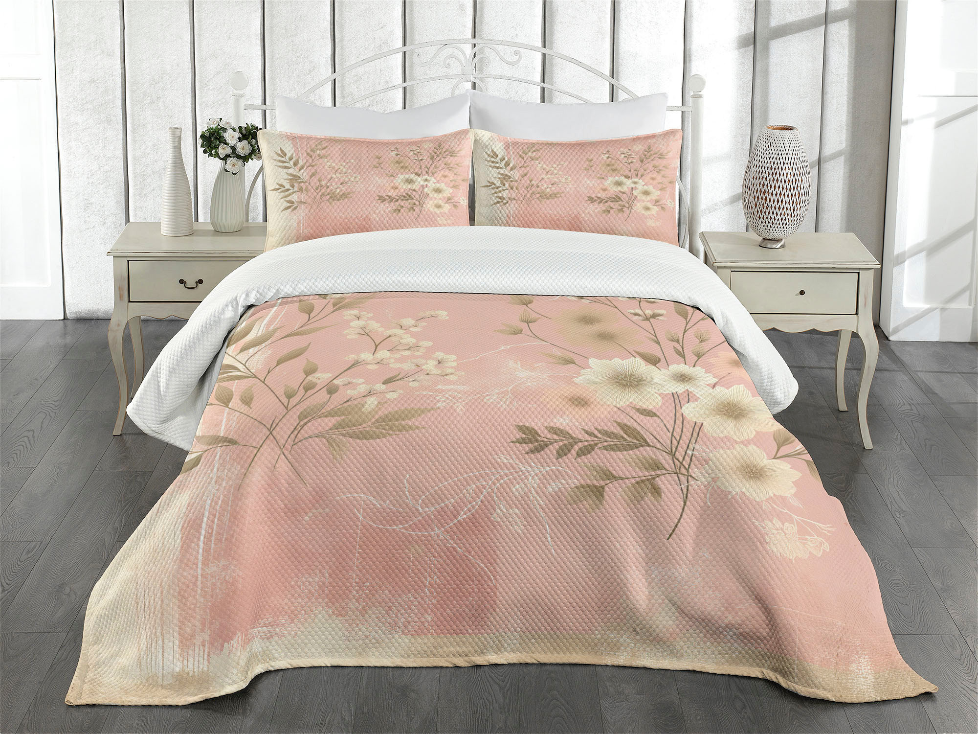 Ambesonne Pink Bedspread Set 3 Pcs Leafy Floral Modern Grunge Blush ...