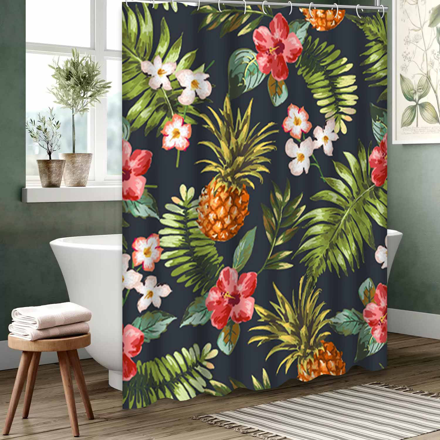 East Urban Home Pink Waterproof Shower Curtain,Vintage Tropical Flowers ...