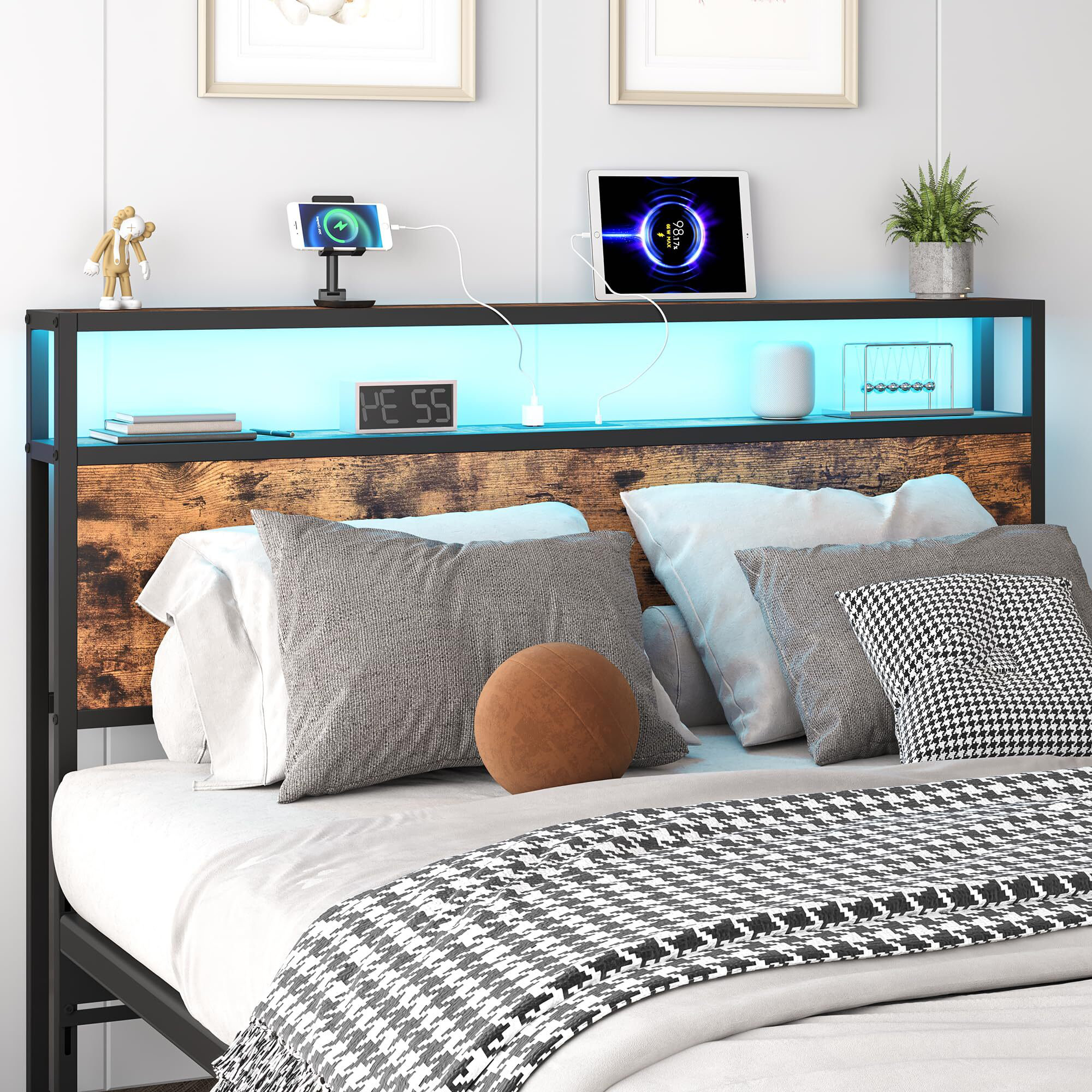 Wrought Studio™ Storage Headboard With LED Lights & Charging Ports ...